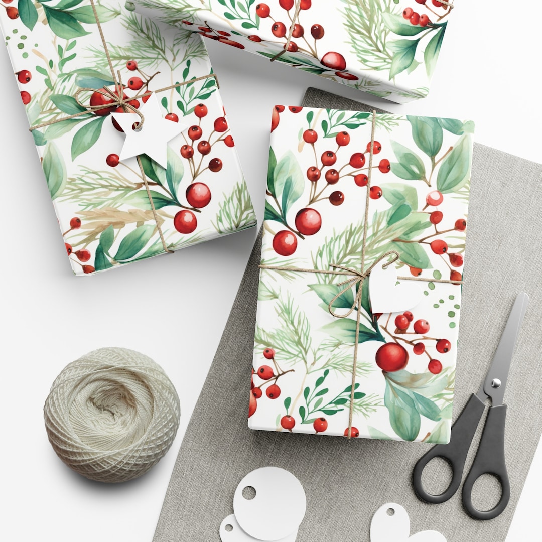 Watercolor Christmas Greenery and Berries Gift Wrap Papers, Modern ...