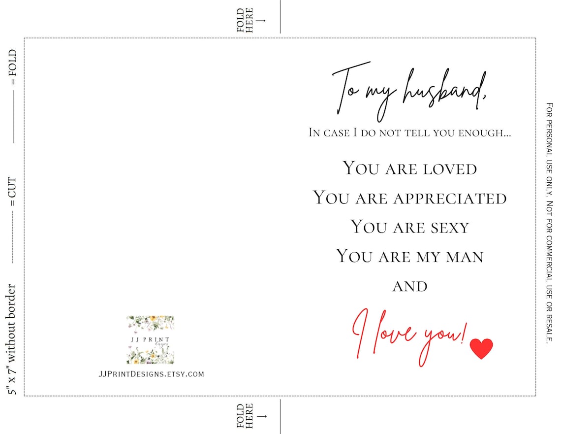 Husband Appreciation and Love Printable Card With Envelope, 5x7 ...