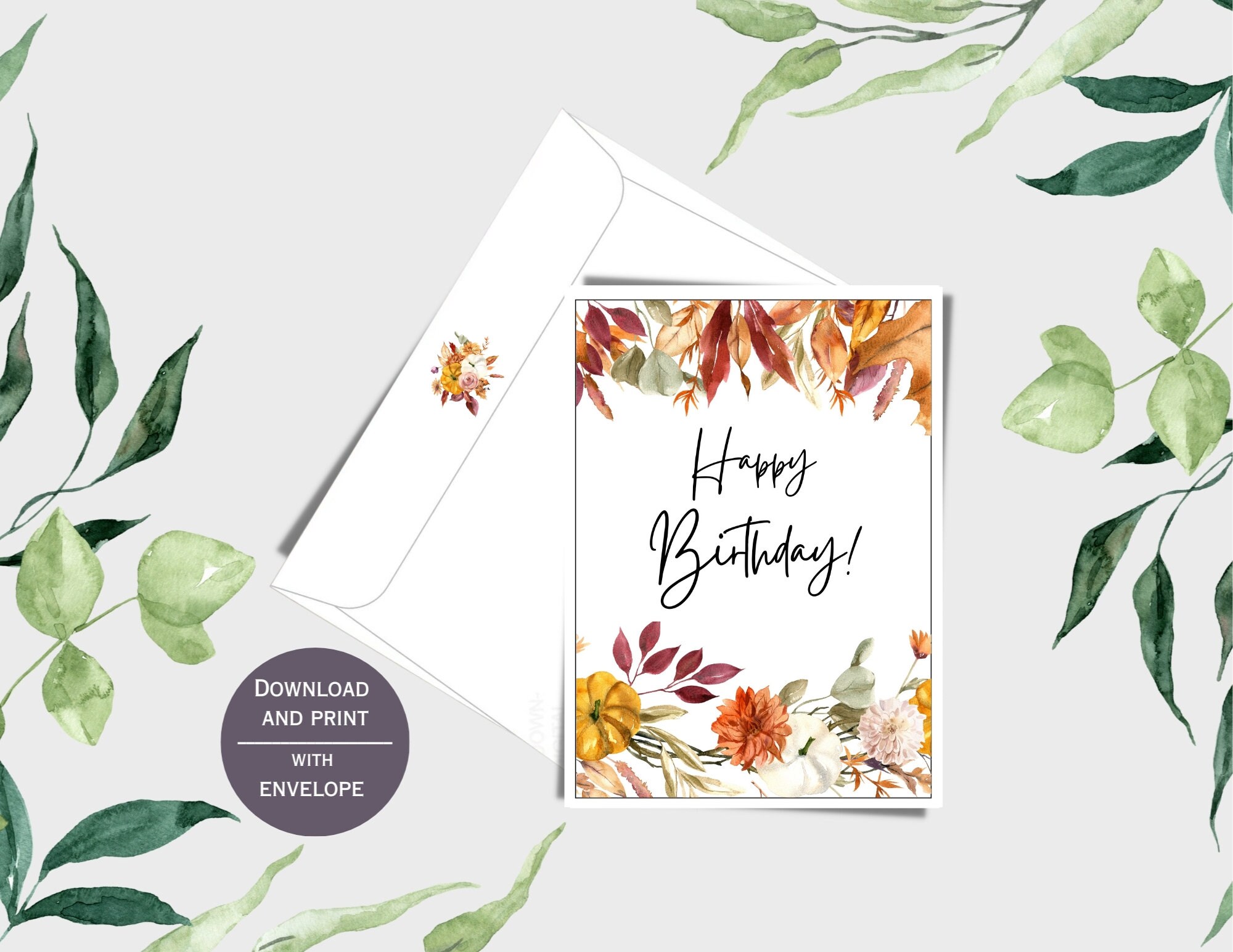 Happy Birthday Pumpkin Card - Printable 5x7, Envelope Included - Autumn ...