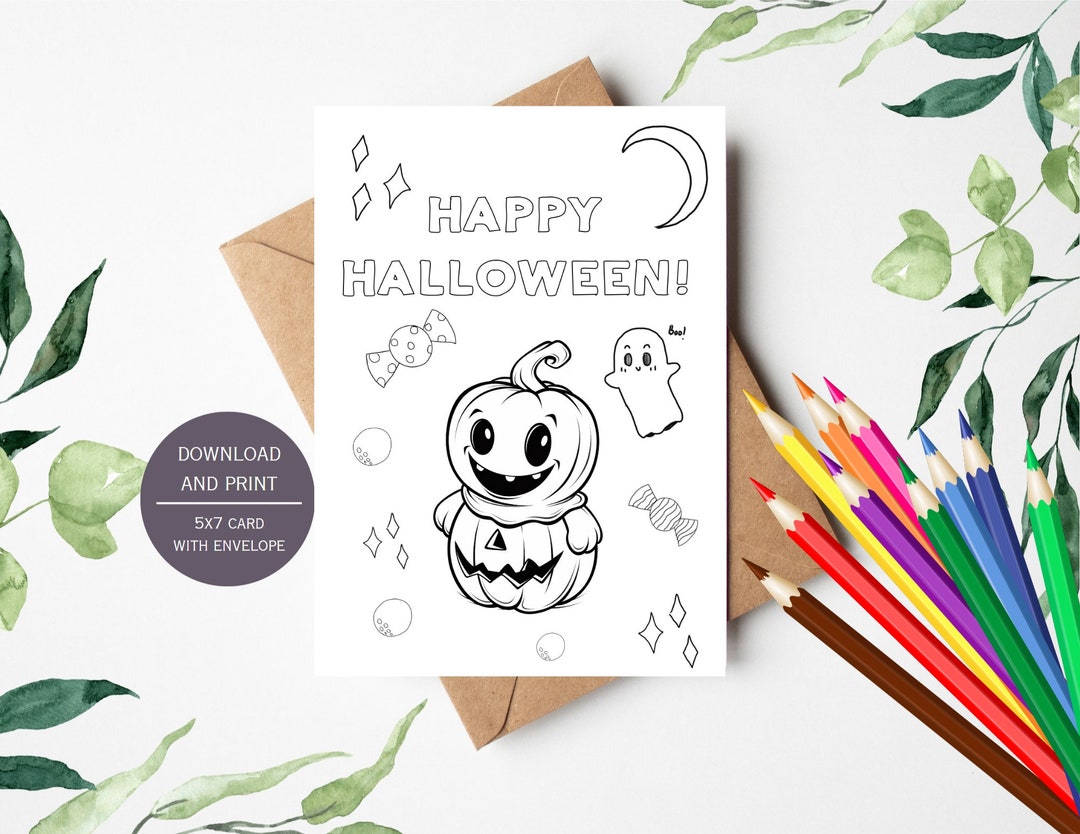 Halloween Printable Coloring Card, Halloween Coloring Card, Print and ...