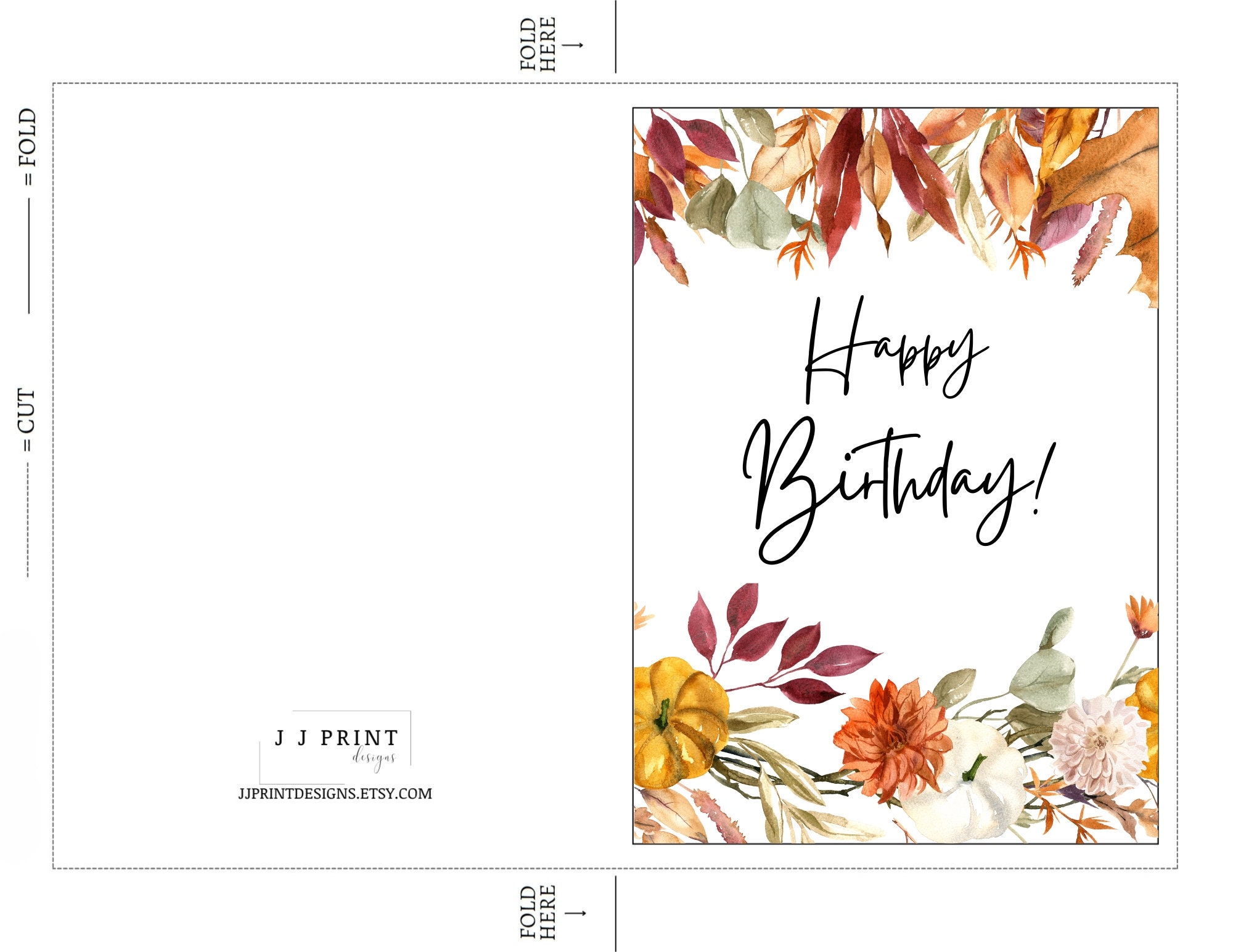 Happy Birthday Pumpkin Card - Printable 5x7, Envelope Included - Autumn ...