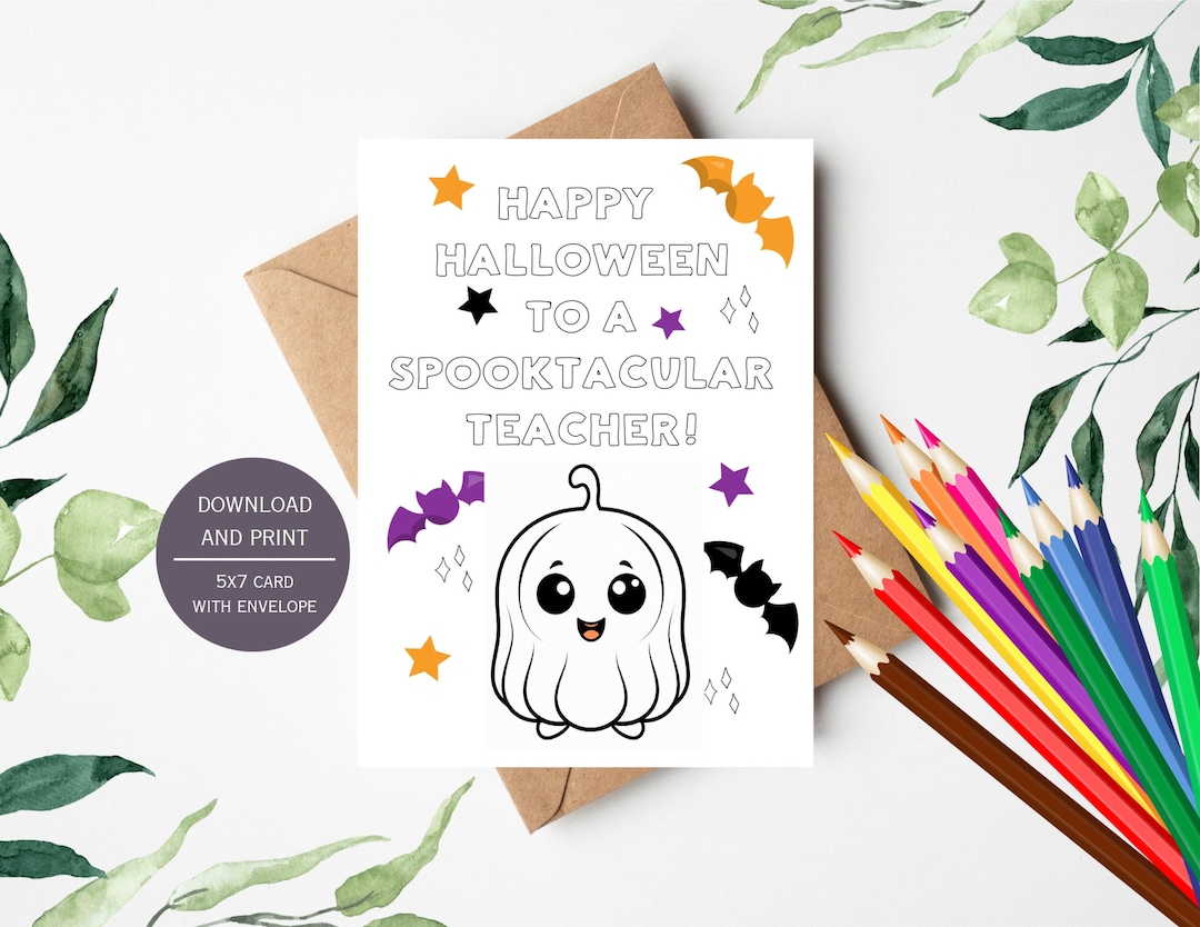 Halloween Printable Coloring Card, Halloween Card for Teacher, Print ...