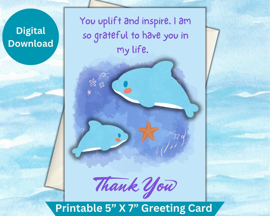 Dolphin Thank You Card, Printable Greeting Card, Digital Download ...