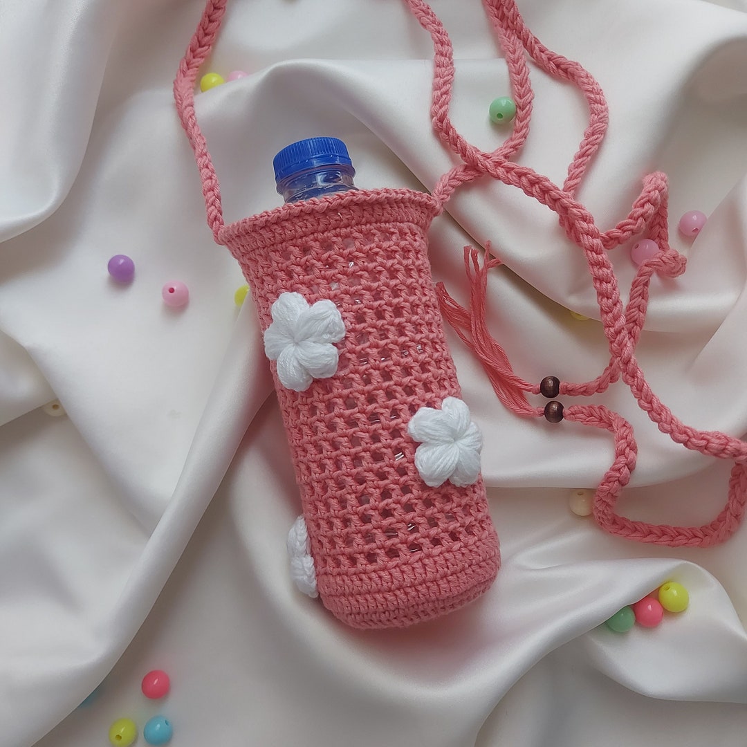 Crochet Water Bottle Holder Pink or Dark Blue Thermos Carrier With ...