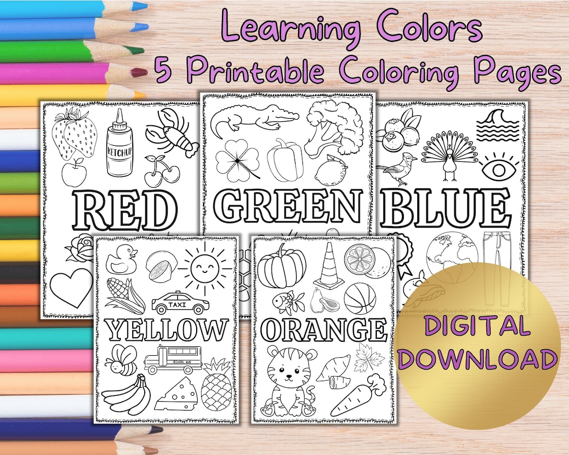 Printable Coloring Pages, Set of 5, Learning Colors, for Kids, Toddlers ...