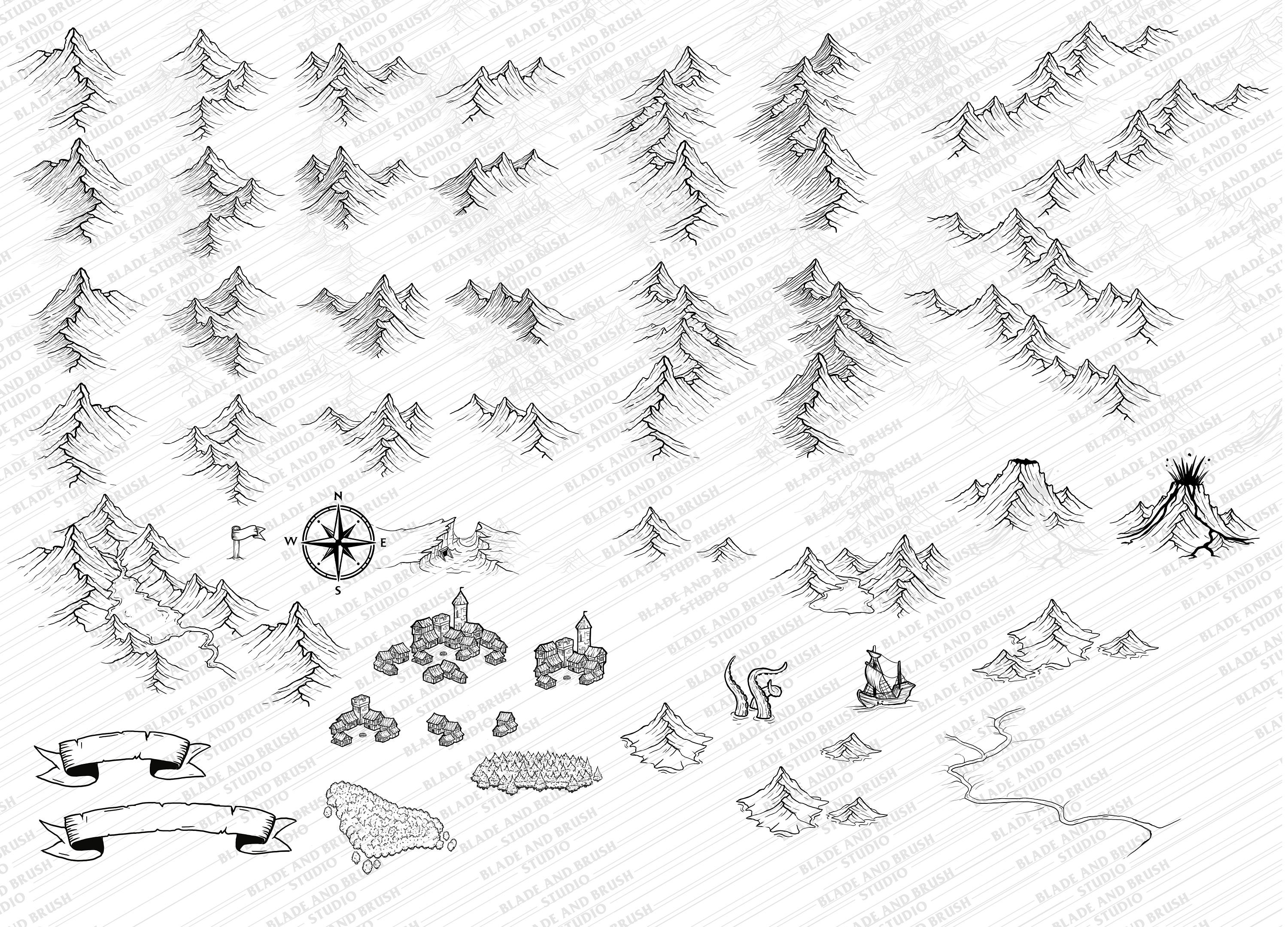 Fantasy Map Brush Pack Mountain , Lake , Dungeon , City , Village and ...
