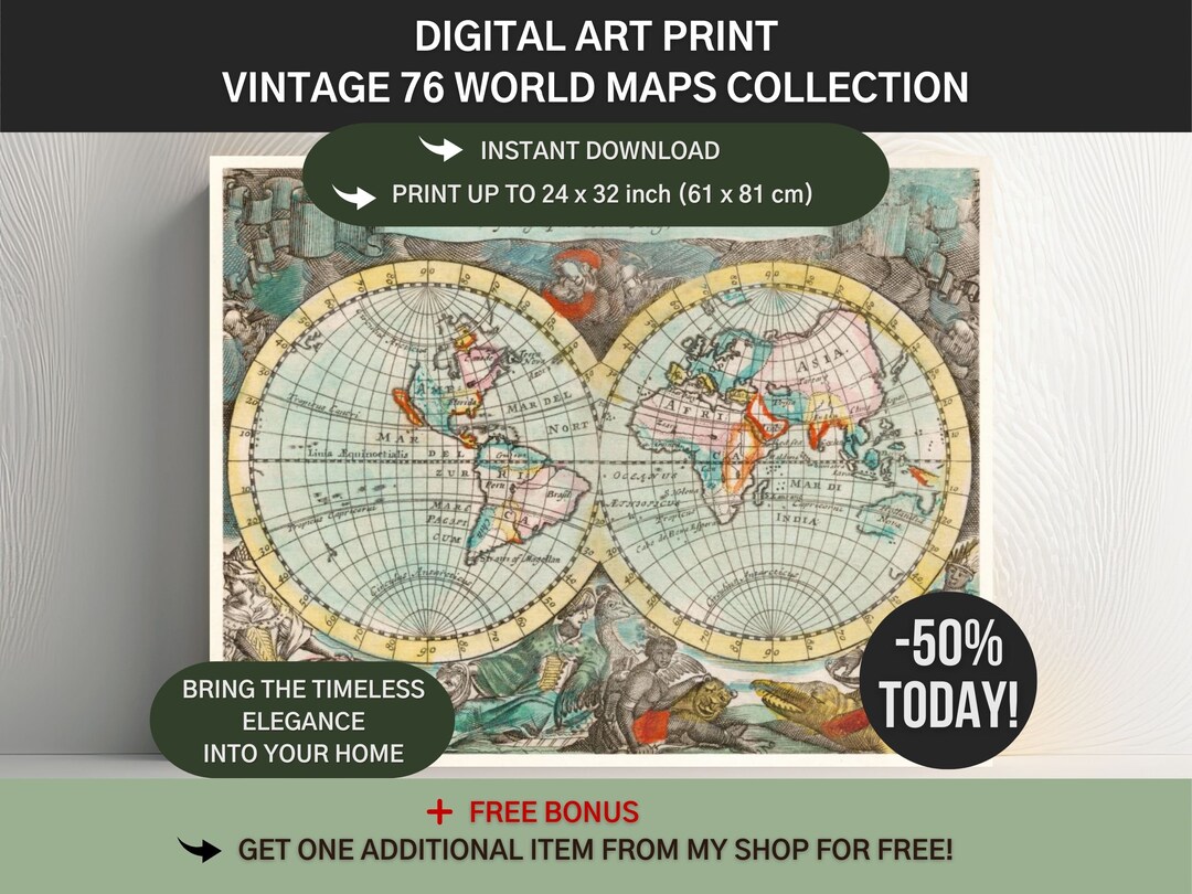 Vintage 76 World Maps Collection, Antique Earth Atlas Bundle, Classic ...