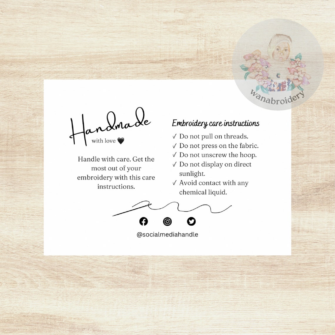 Editable Embroidery Care Card, Embroidery Thank You Card, Embroidery ...