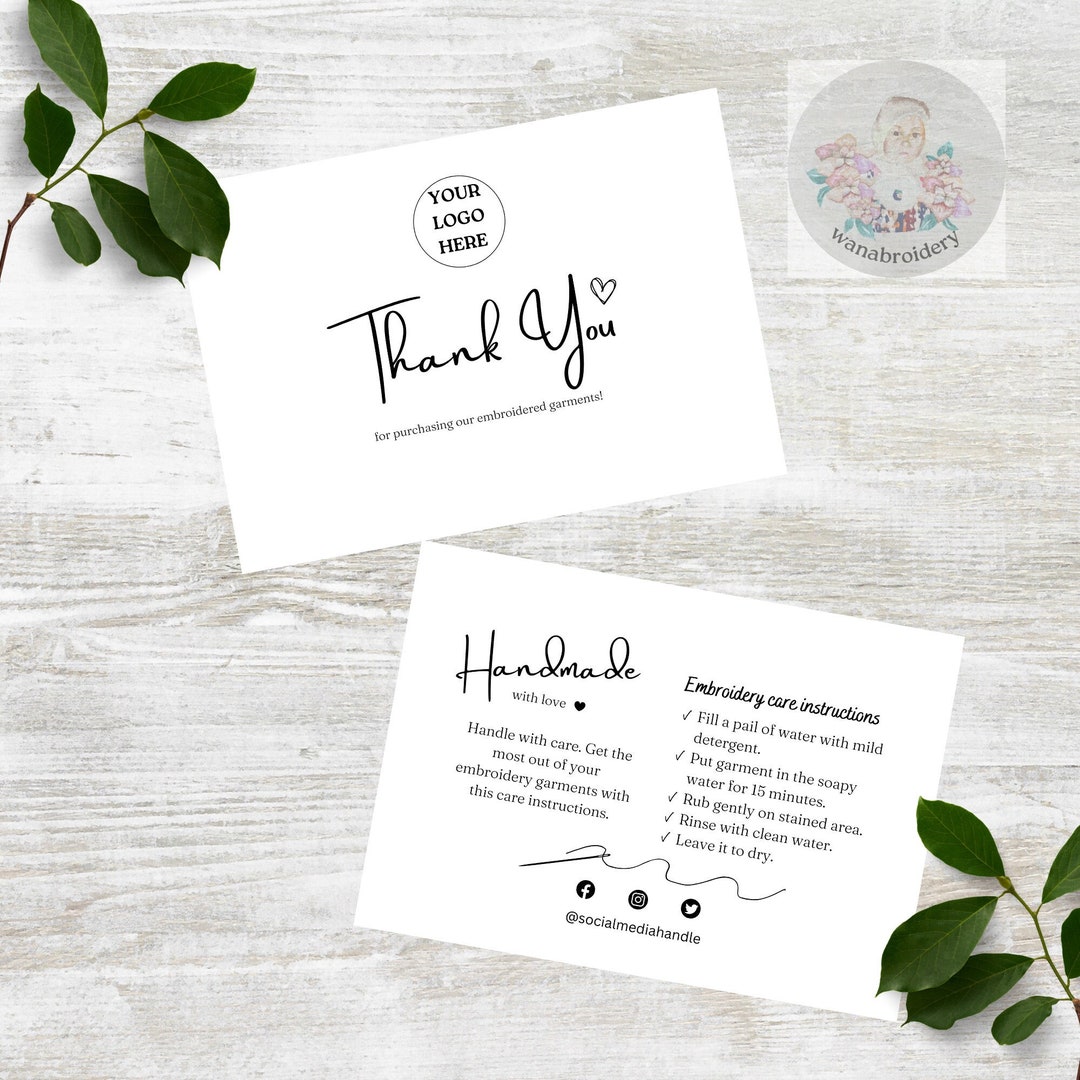 Editable Embroidery Care Card, Embroidery Thank You Card, Embroidery ...
