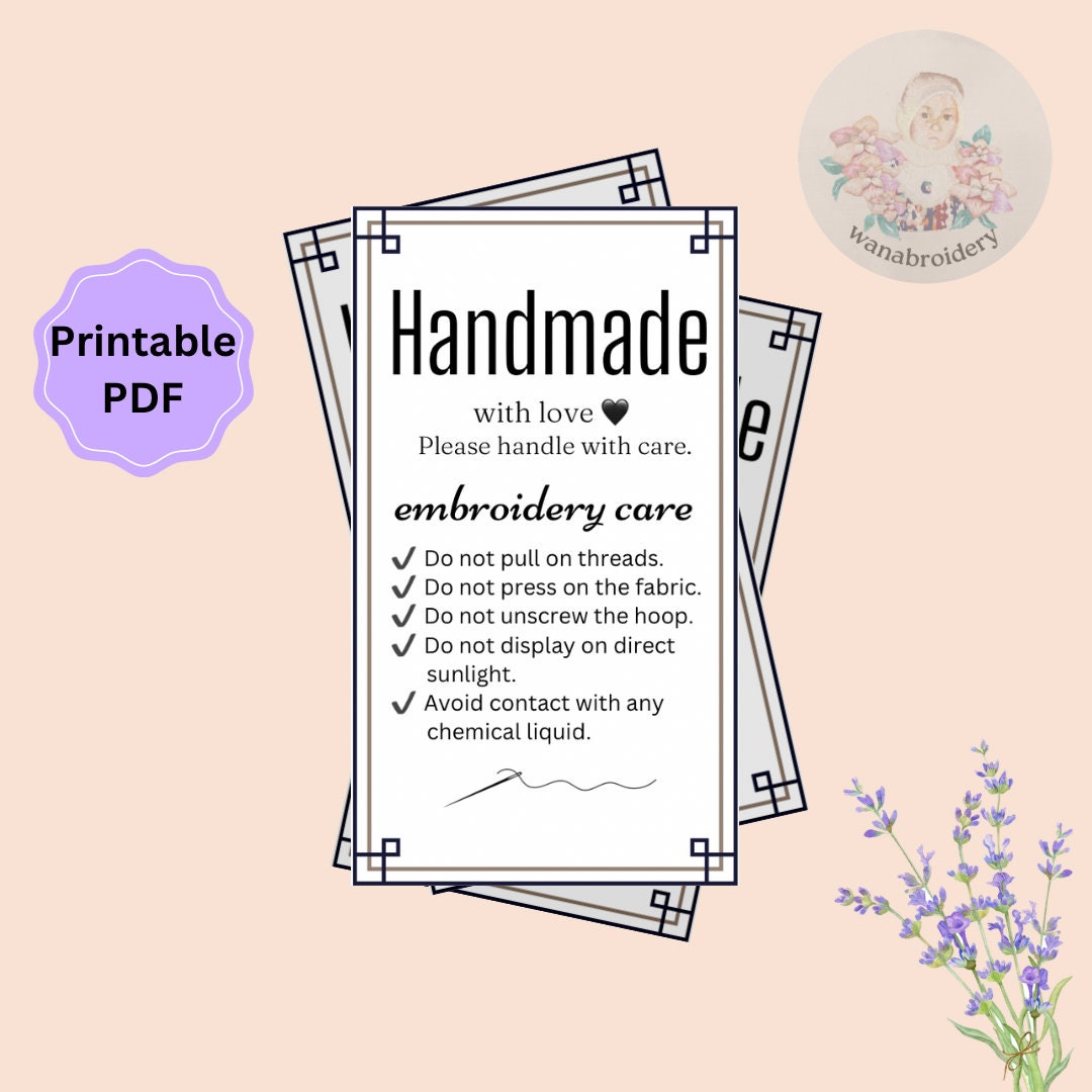 Instant Printable Hand Embroidery Care Card, Handmade Small Business ...