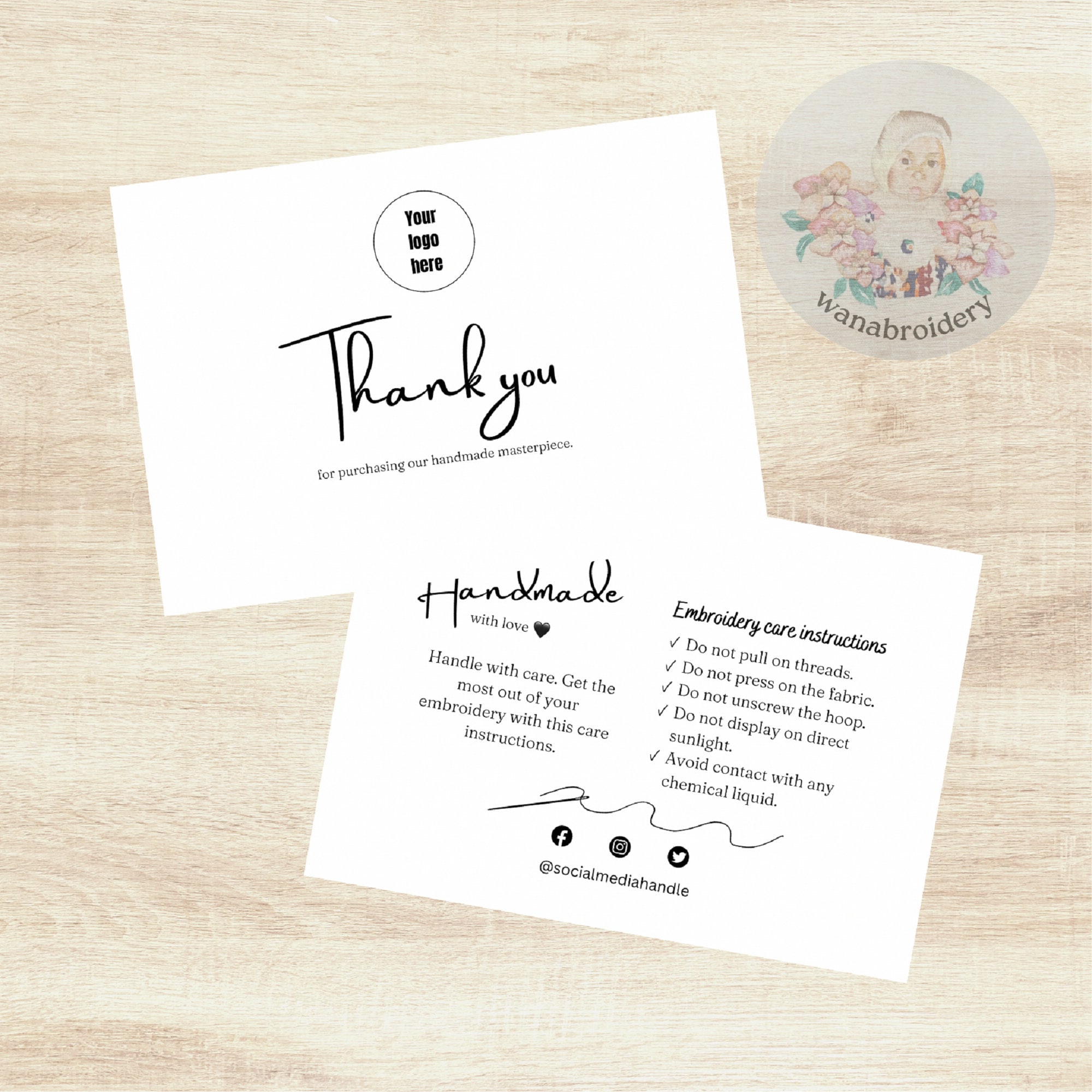 Editable Embroidery Care Card, Embroidery Thank You Card, Embroidery ...