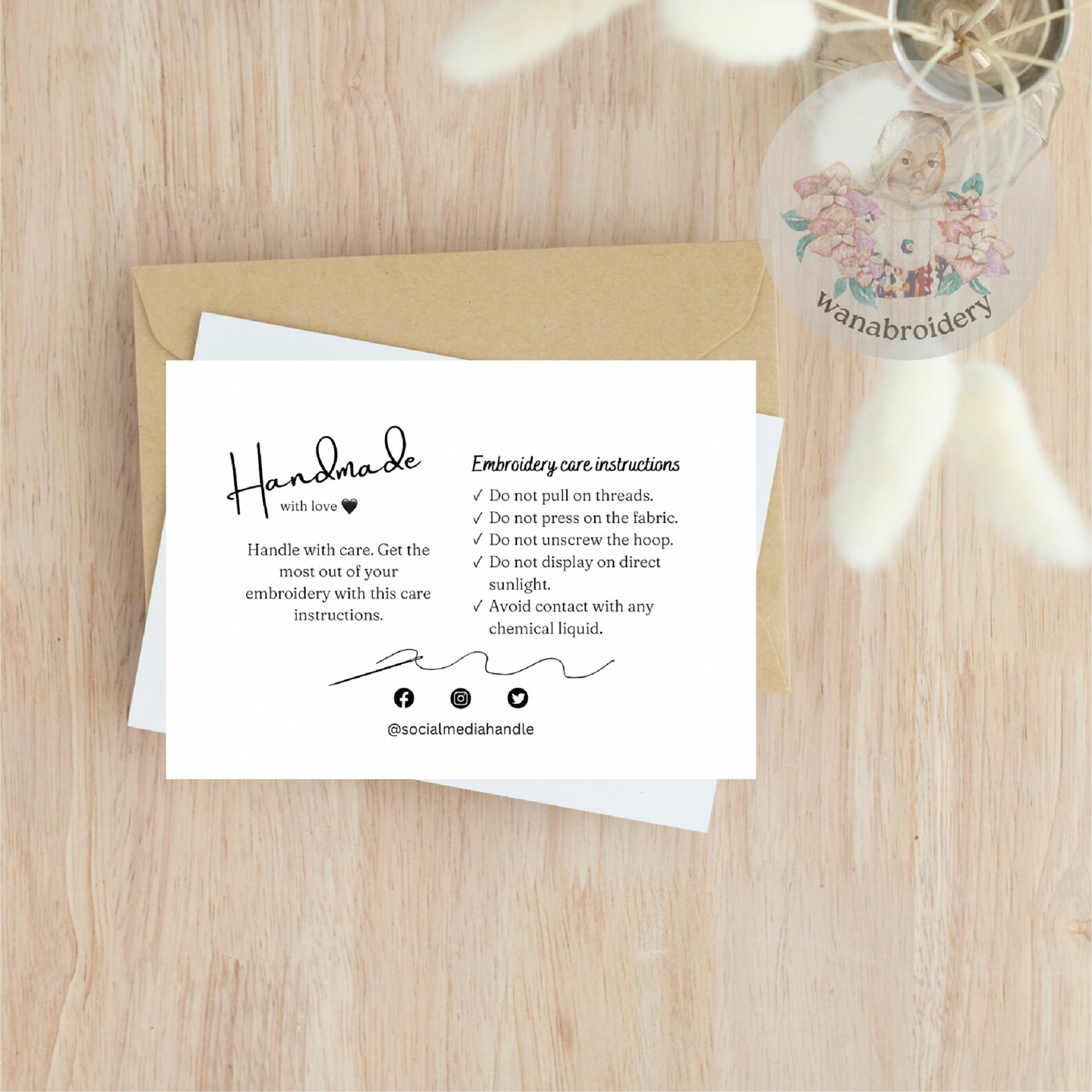 Editable Embroidery Care Card, Embroidery Thank You Card, Embroidery ...