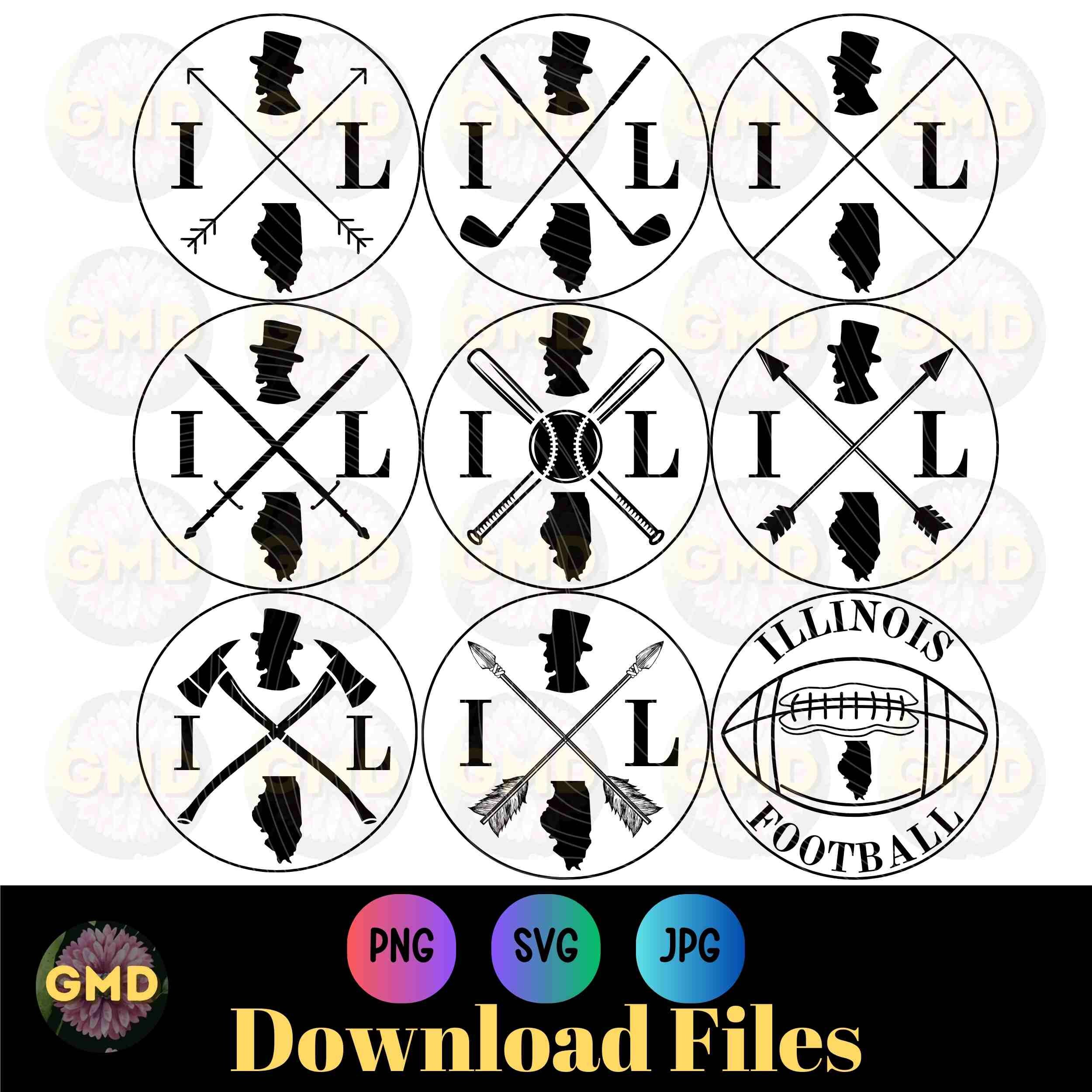 BUNDLE** Illinois State Designs Png Svg Jpg, Sports, Swords, Arrows ...