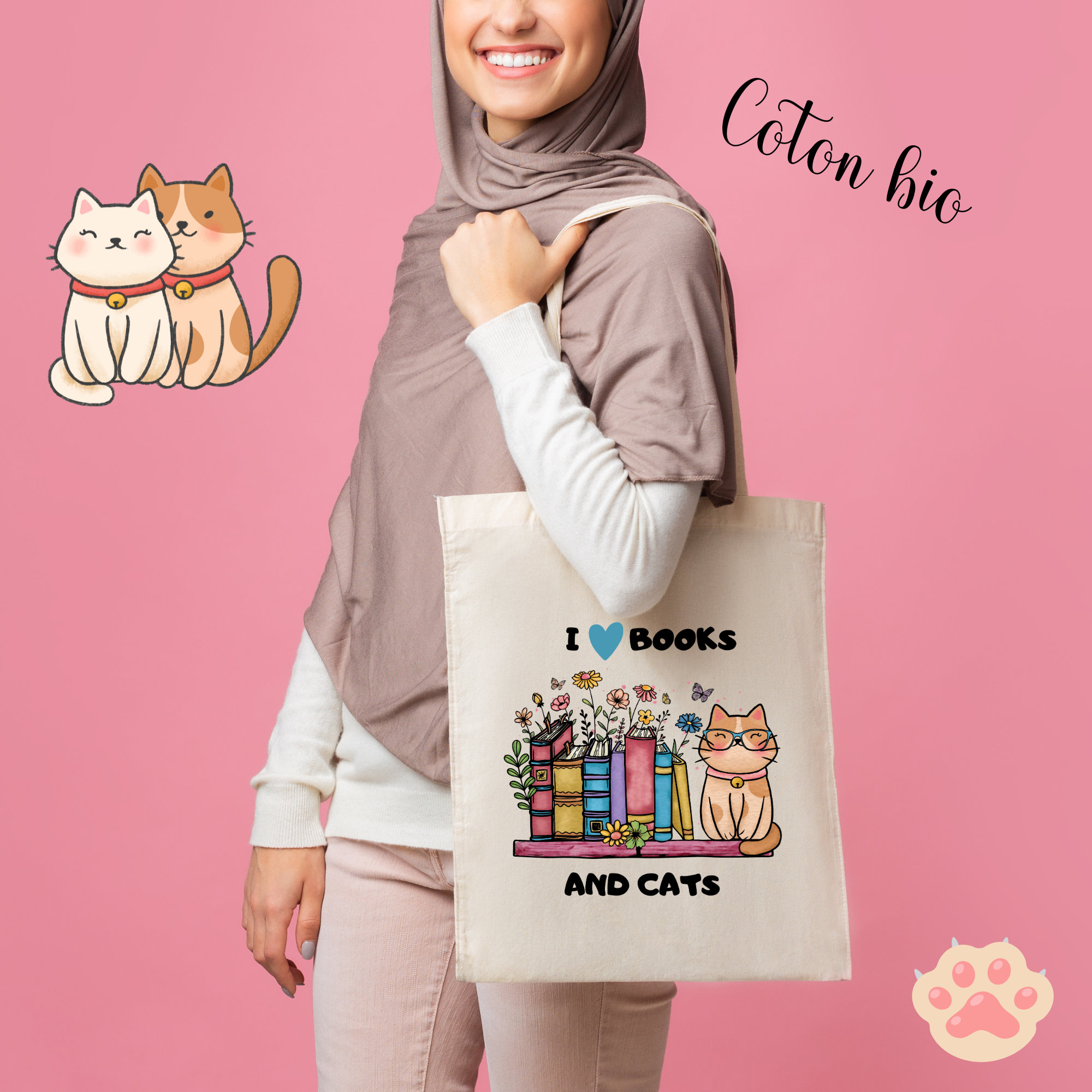 Sac chat, j'aime les chats tote bags chat book lovers amoureux des chats sac fourre tout cadeau ...