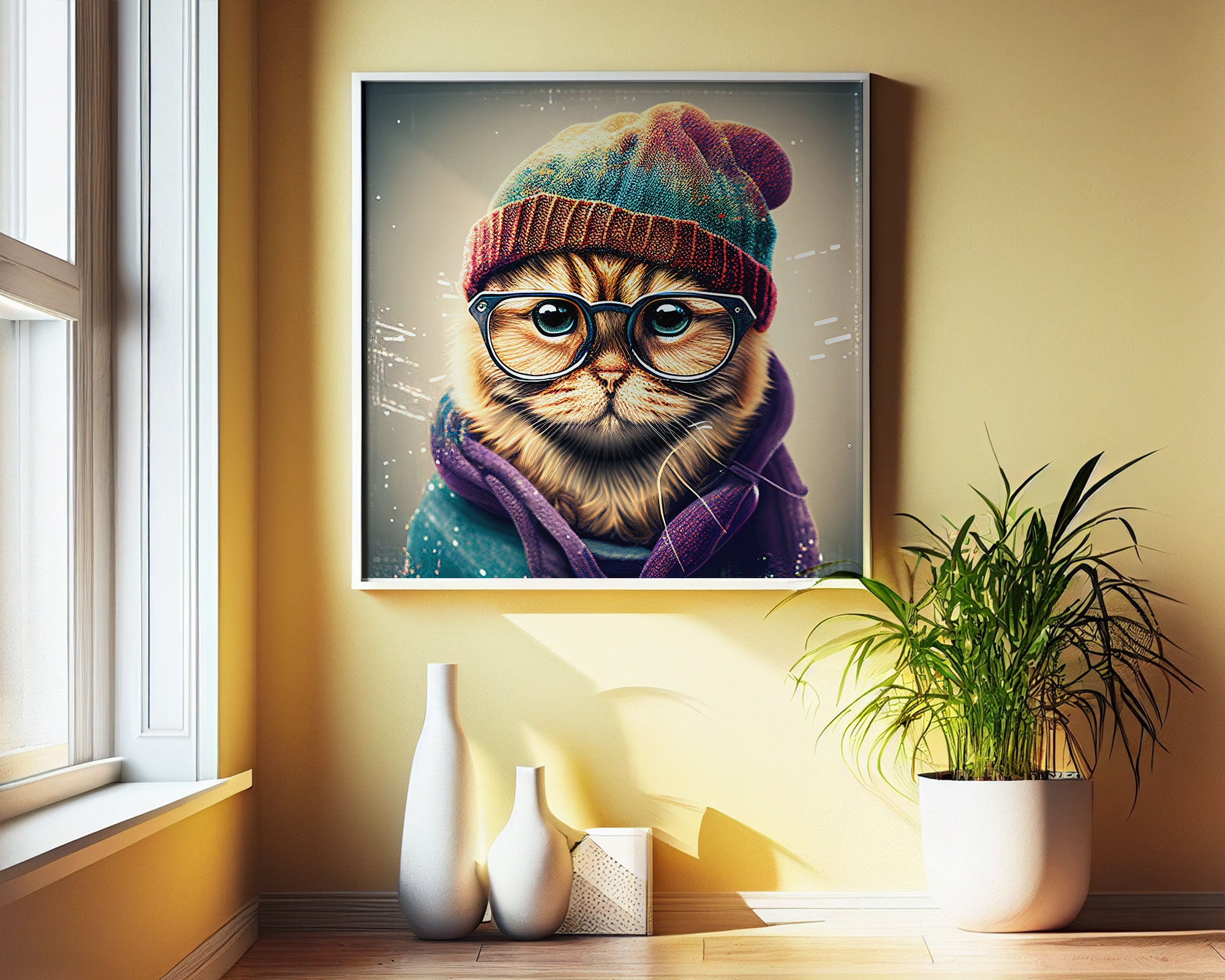 Hipster Cat Wall Art 02 Hippy Animals Poster Art Bohemian AI Art Boho ...
