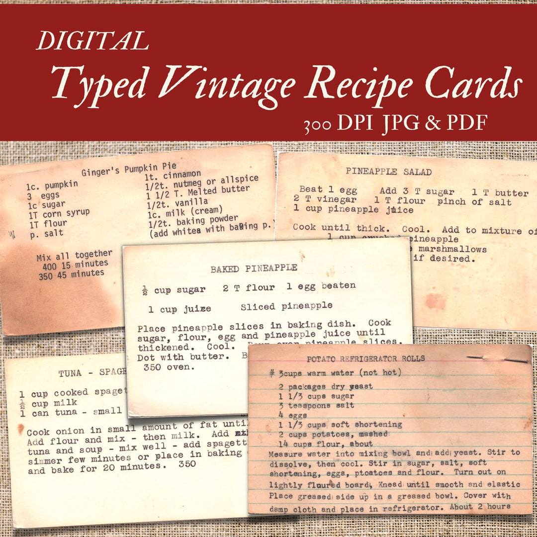 Vintage Typed Recipe Cards ~ 10 Printable Recipes ~ Rolls - Salads ...