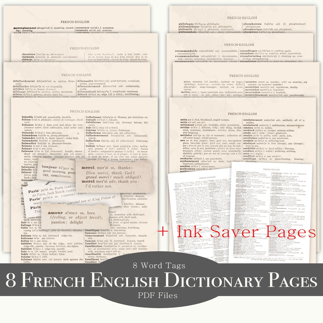 Printable French English Dictionary Pages - Basic Junk Journal Papers ...