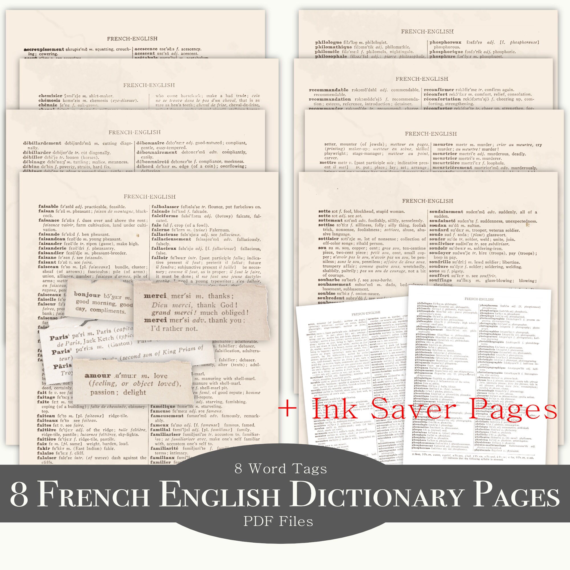 Printable French English Dictionary Pages - Basic Junk Journal Papers ...