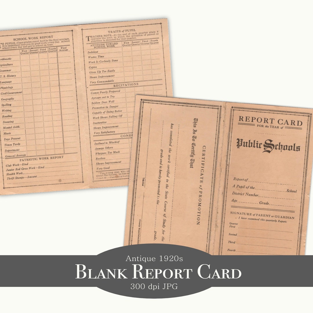 Digital Vintage Report Card From the 1920s, School Memories Ephemera ...