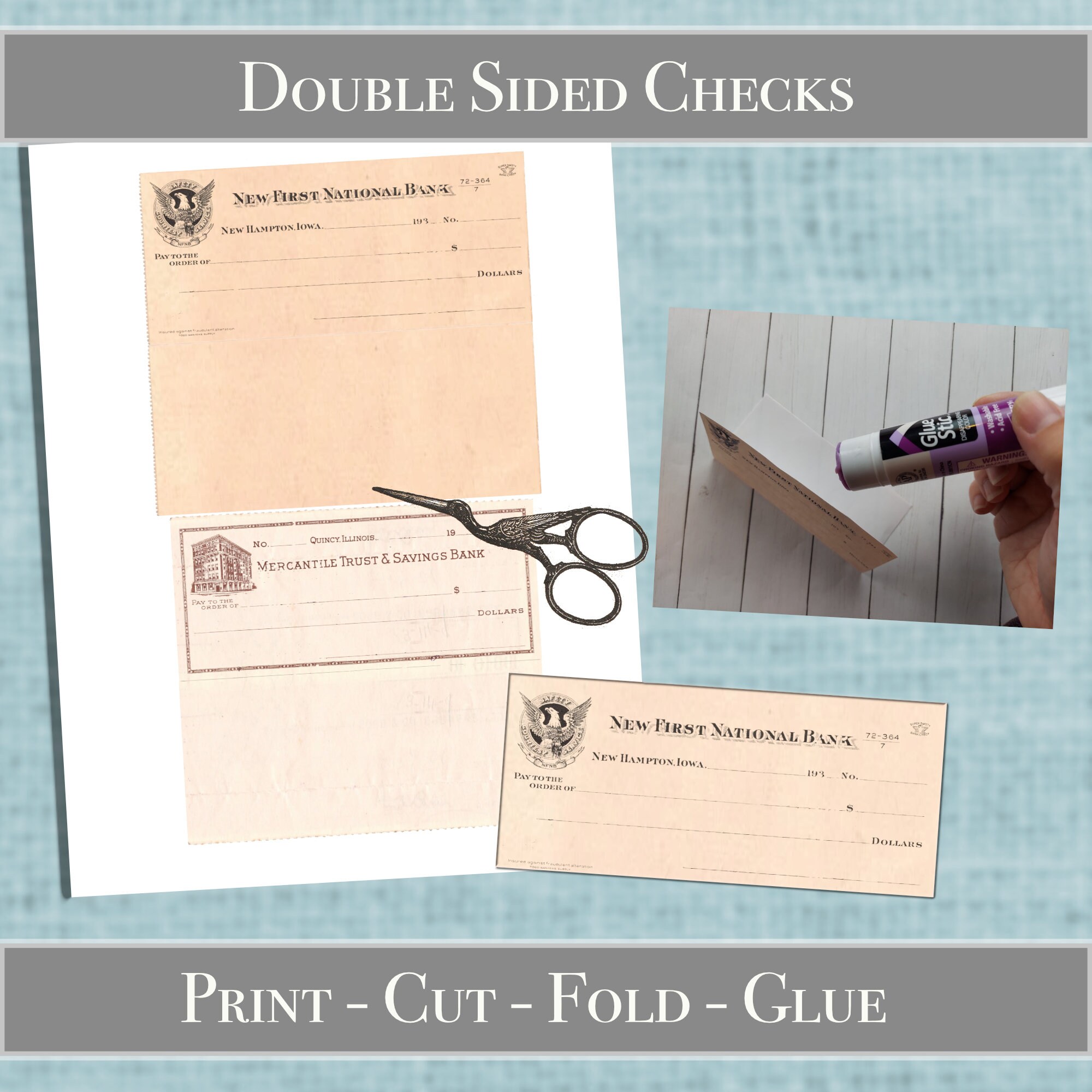 Digital Vintage Check Templates - Double Sided Printable Blank Checks ...