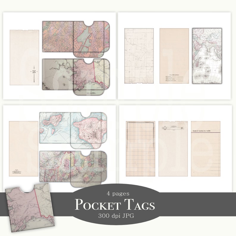 Vintage Map Pocket Tags | Library Pockets | Junk Journal Envelopes ...