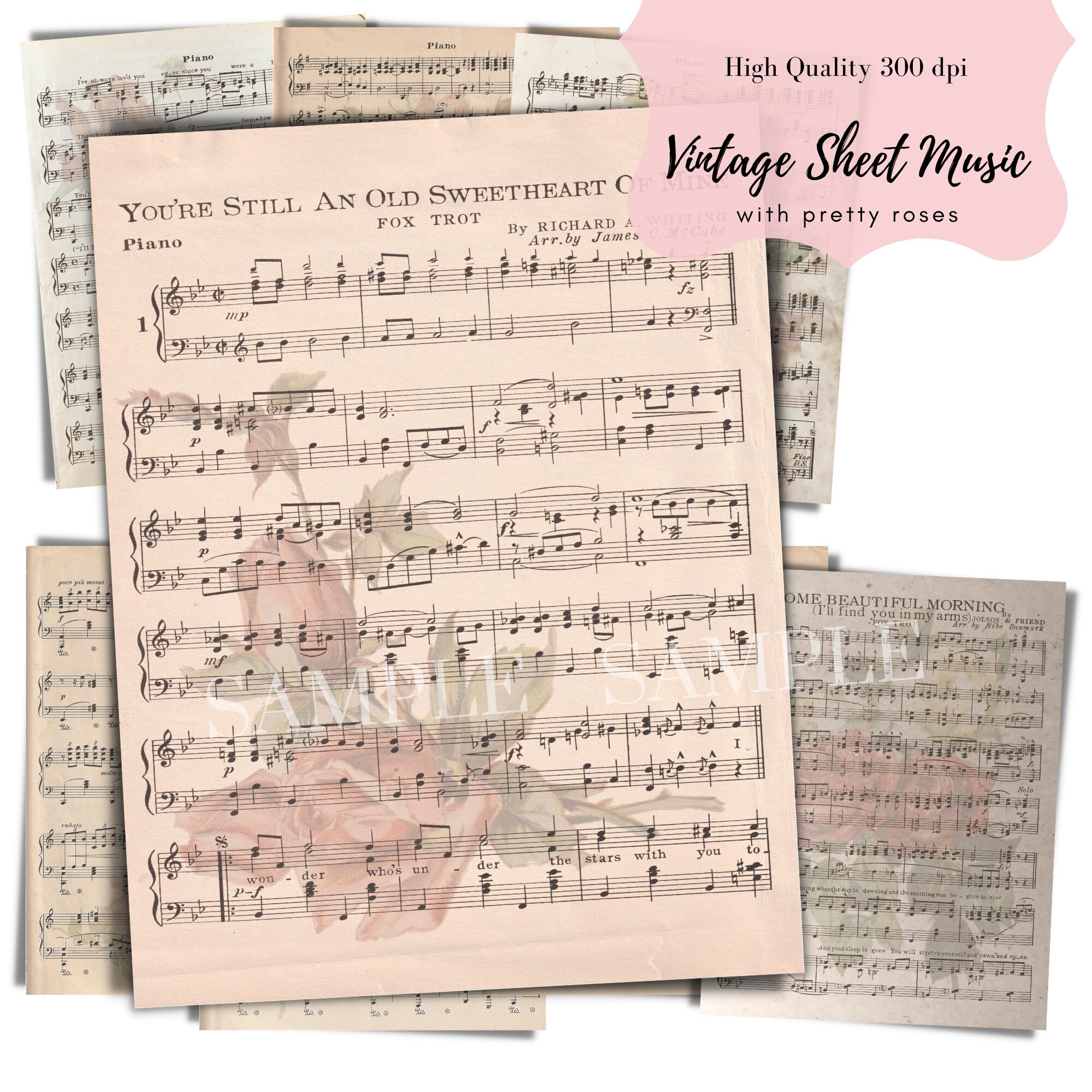Digital Antique Sheet Music Printable Papers With Vintage Roses | Junk ...