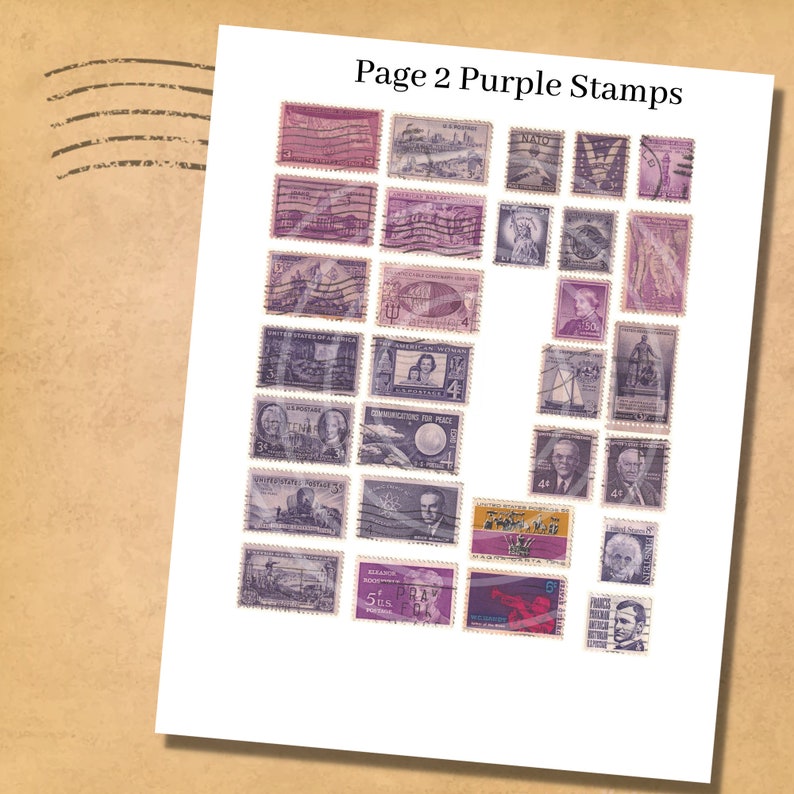 Purple Vintage Postage Stamps: Printable Ephemera Collage (digital ...