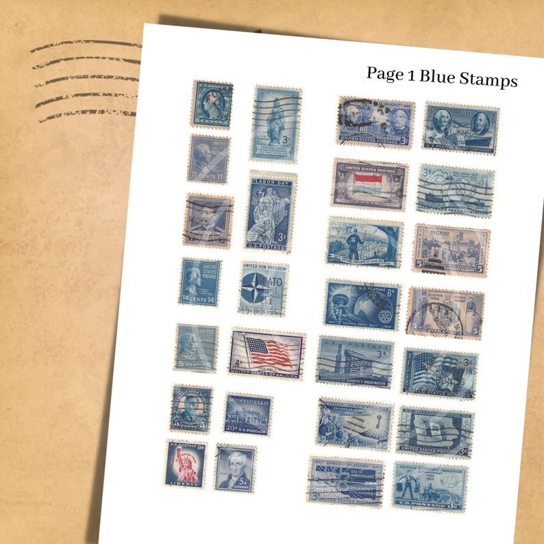 Printable Postage Stamps - Blue Ephemera - Collage Sheet - Junk Journal ...