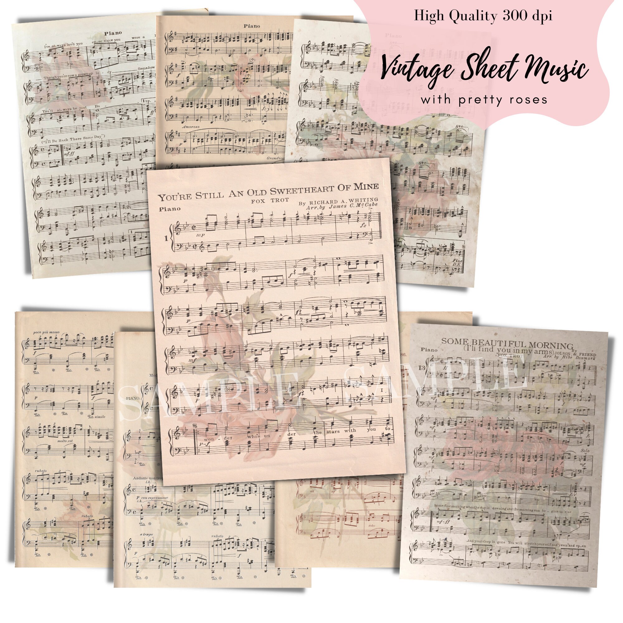 Digital Antique Sheet Music Printable Papers With Vintage Roses | Junk ...