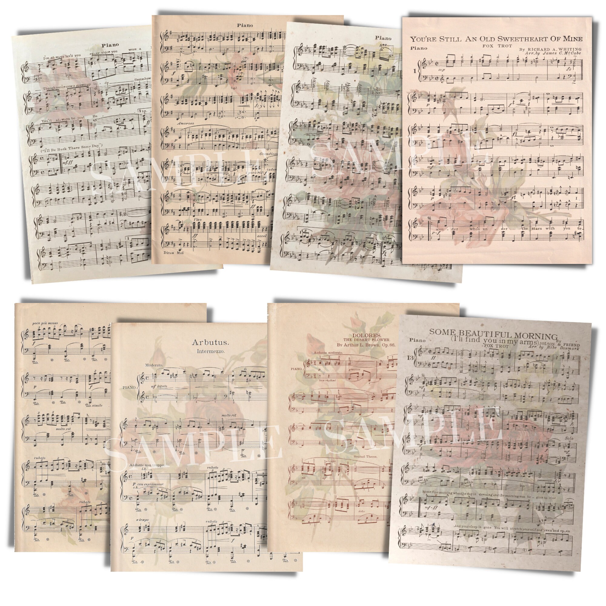 Digital Antique Sheet Music Printable Papers With Vintage Roses | Junk ...