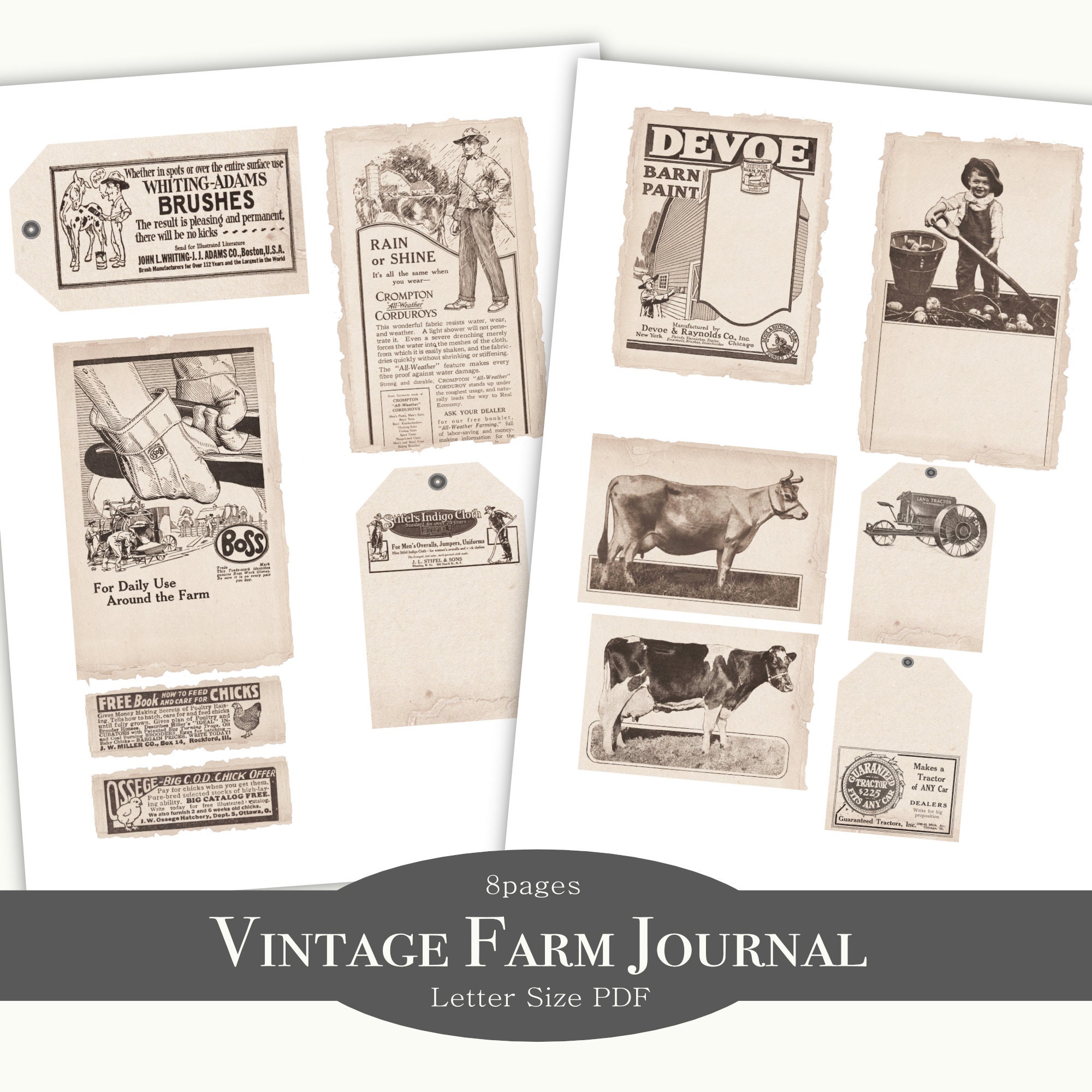 Farm Animals Junk Journal Kit - Vintage Printable Farm Ephemera - Ads ...