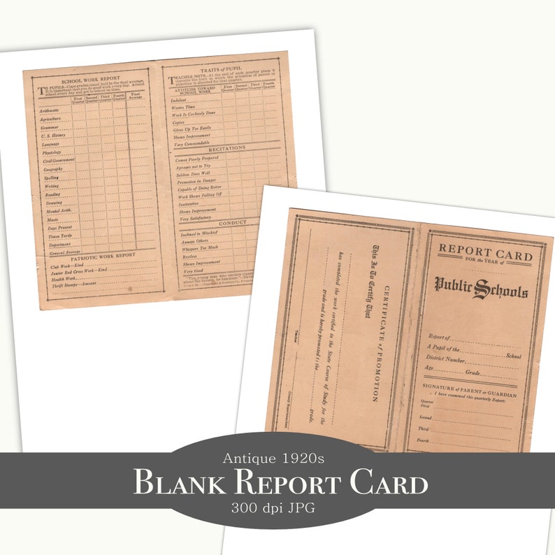 Digital Vintage Report Card From the 1920s, School Memories Ephemera ...