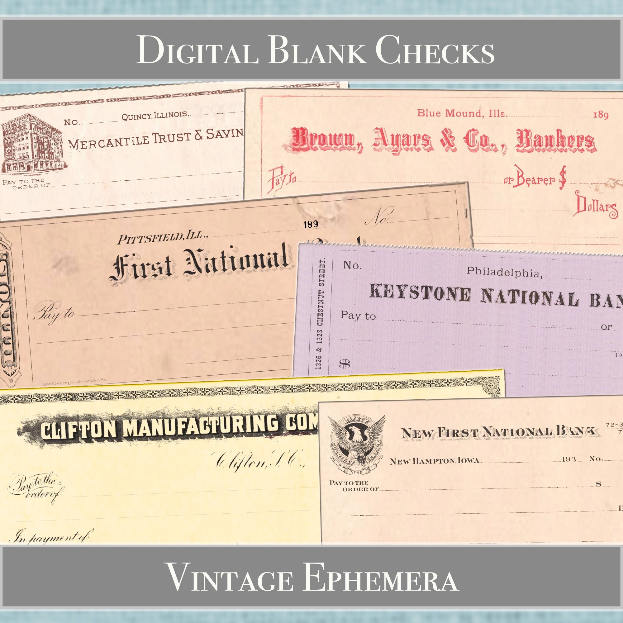 Digital Vintage Check Templates - Double Sided Printable Blank Checks ...