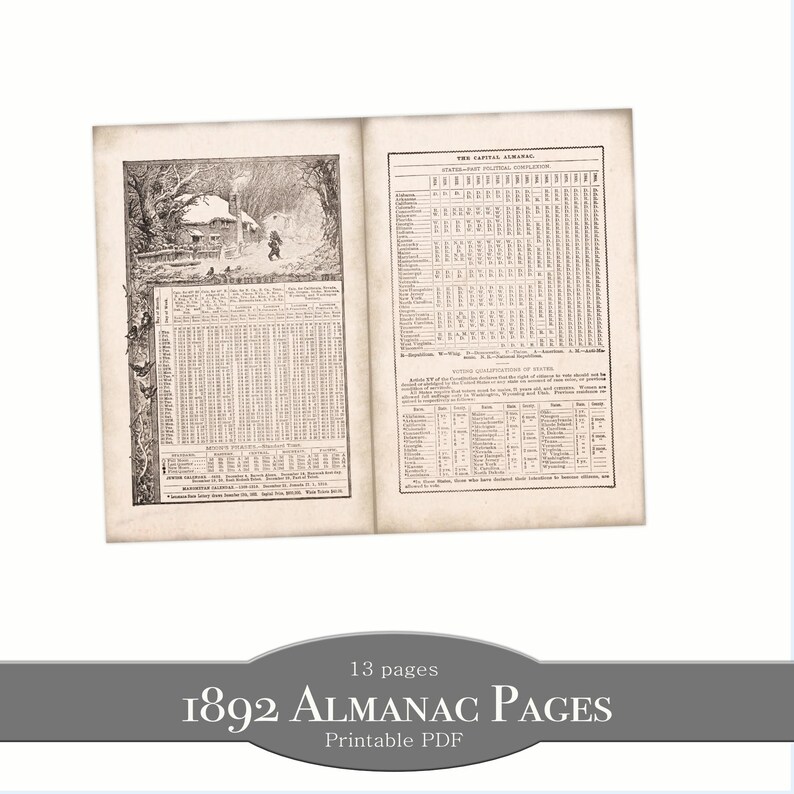 Printable 1892 Antique Almanac Pages: Junk Journal Ephemera (digital ...