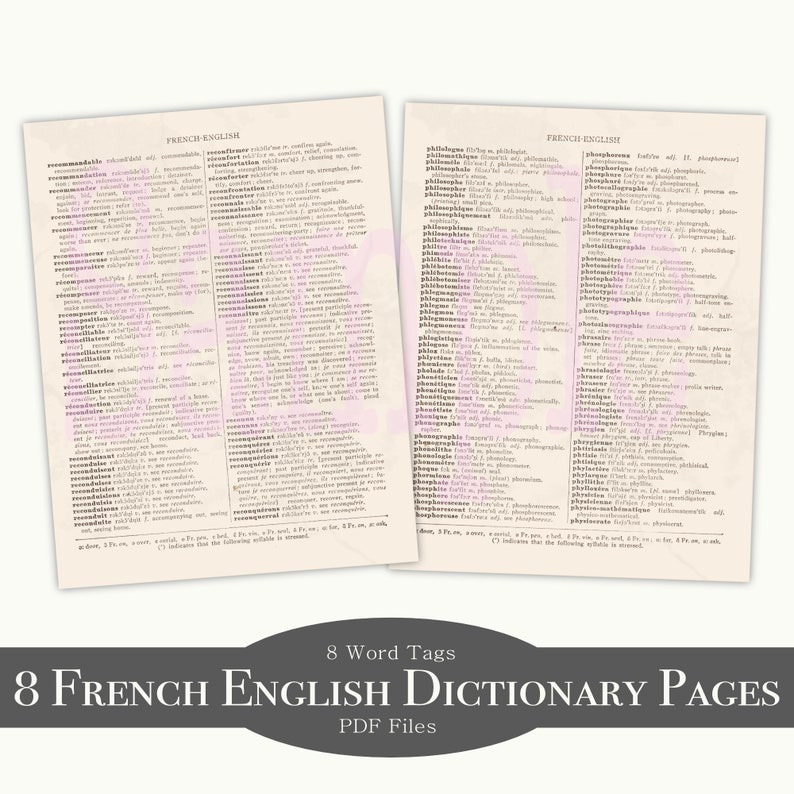 Printable French English Dictionary Pages - Basic Junk Journal Papers ...