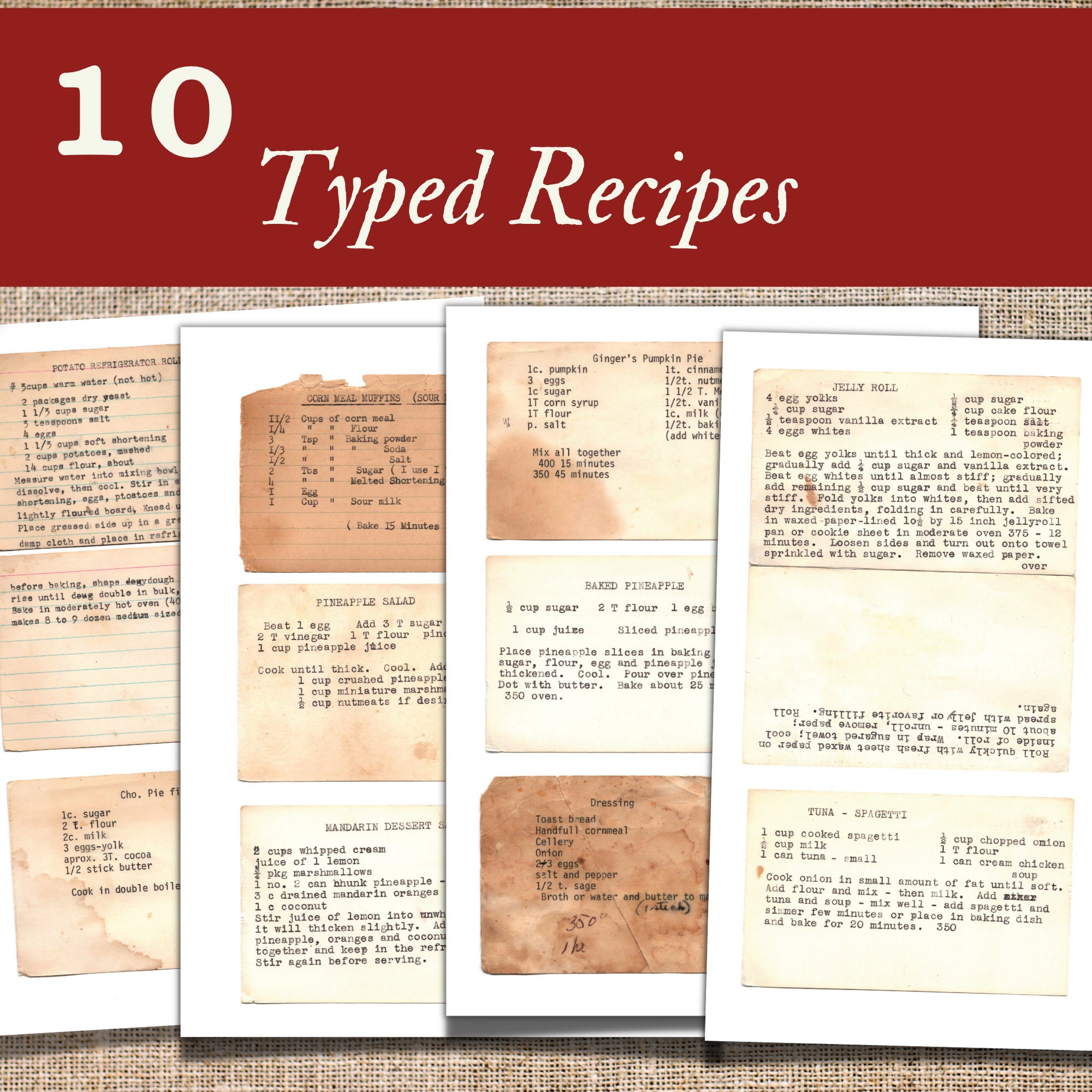 Vintage Typed Recipe Cards 10 Printable Recipes Rolls Salads Pie ...