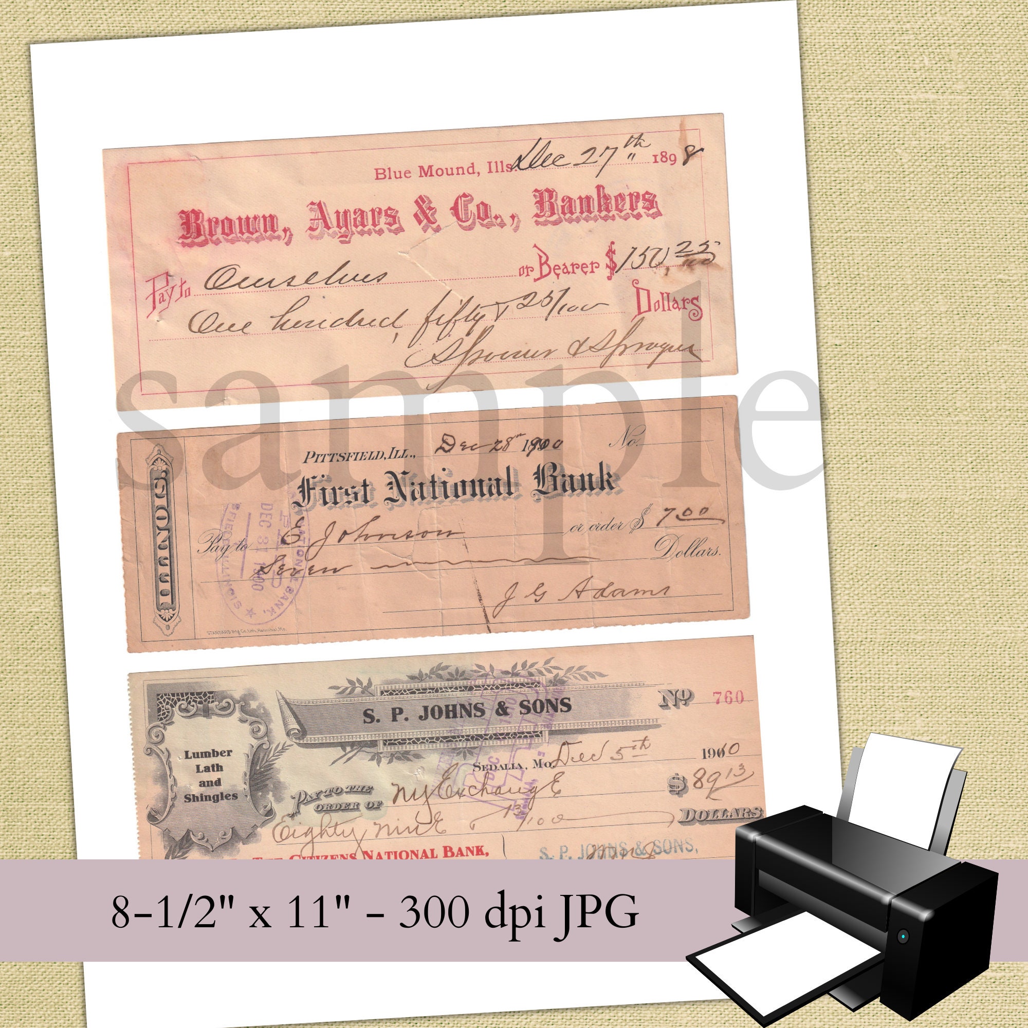 Digital Antique Bank Checks ~ Banking Ephemera ~ Old Handwriting Paper ...