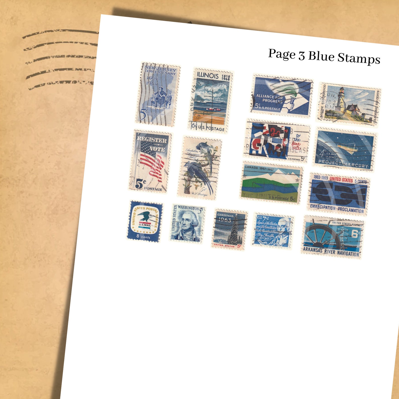 Printable Postage Stamps - Blue Ephemera - Collage Sheet - Junk Journal ...