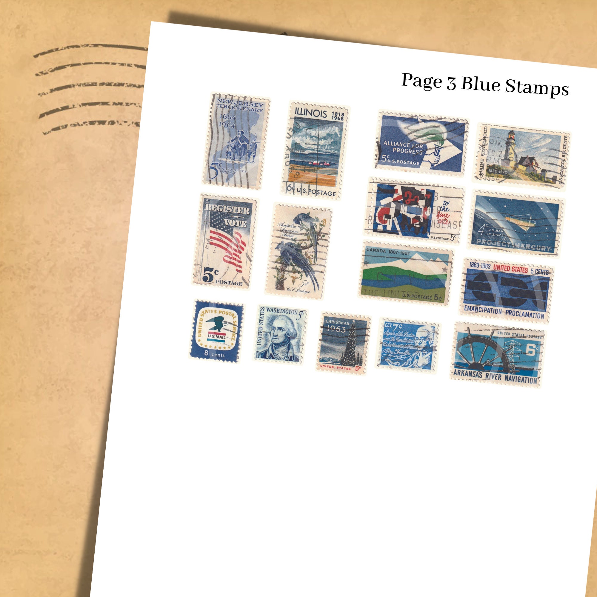 Printable Postage Stamps - Blue Ephemera - Collage Sheet - Junk Journal ...