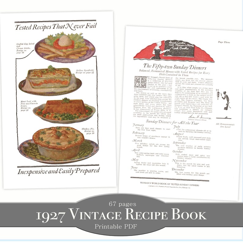 1927 Vintage Printable Recipe Book - the 52 Sunday Dinners - From 1920s ...