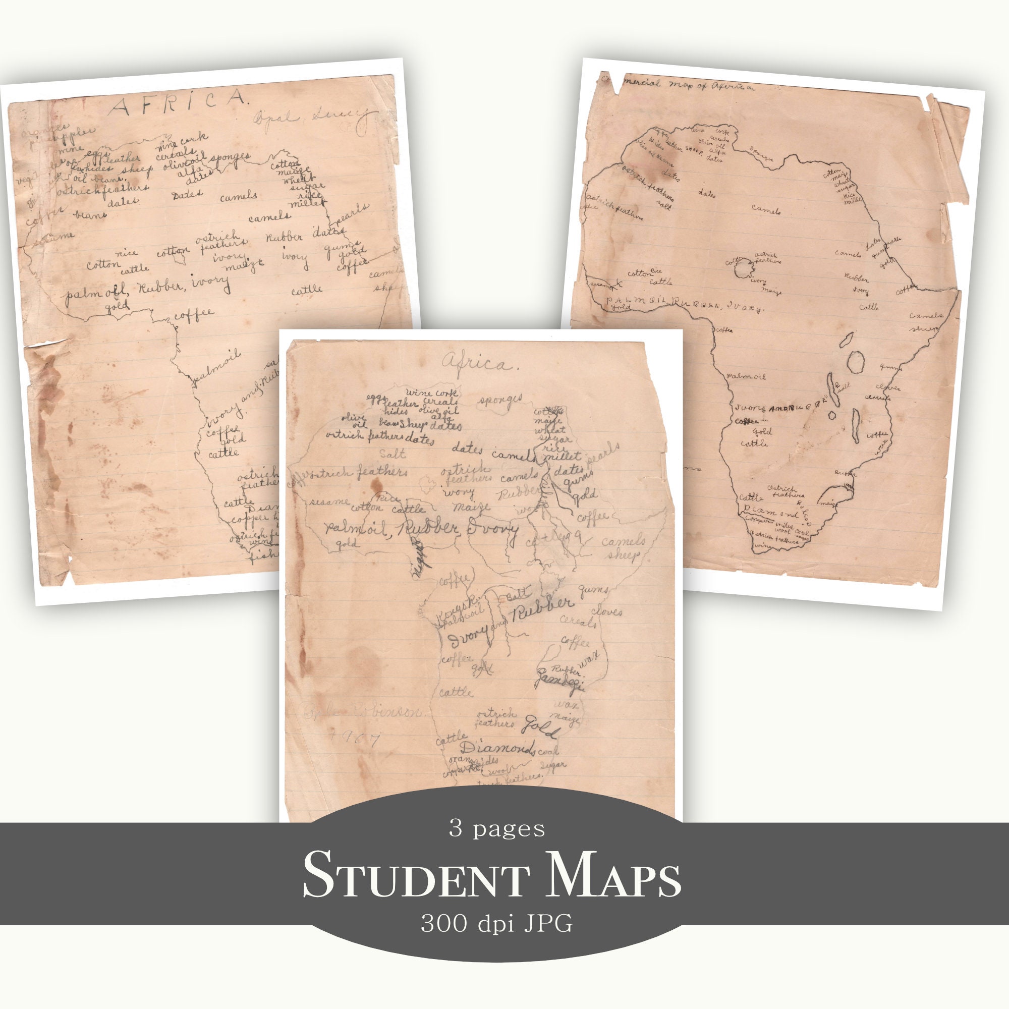 Digital Antique 1900s School Papers Handwritten Student Maps Ephemera ...
