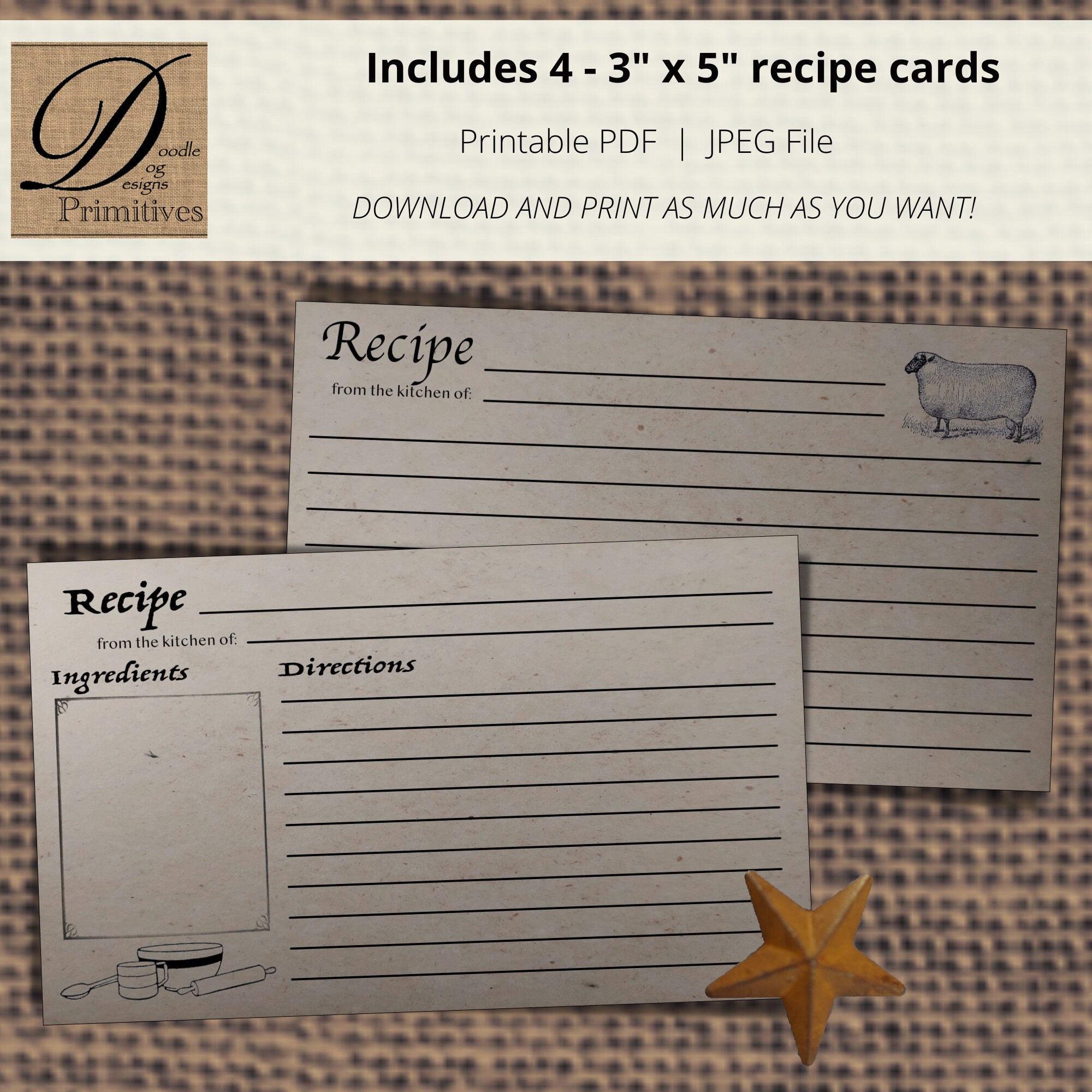 Vintage Country Recipe Card Templates - Blank Primitive Farmhouse -old ...