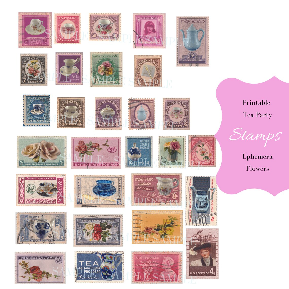 Digital Tea Party Stamps Printable Ephemera Bridal Shower - Etsy