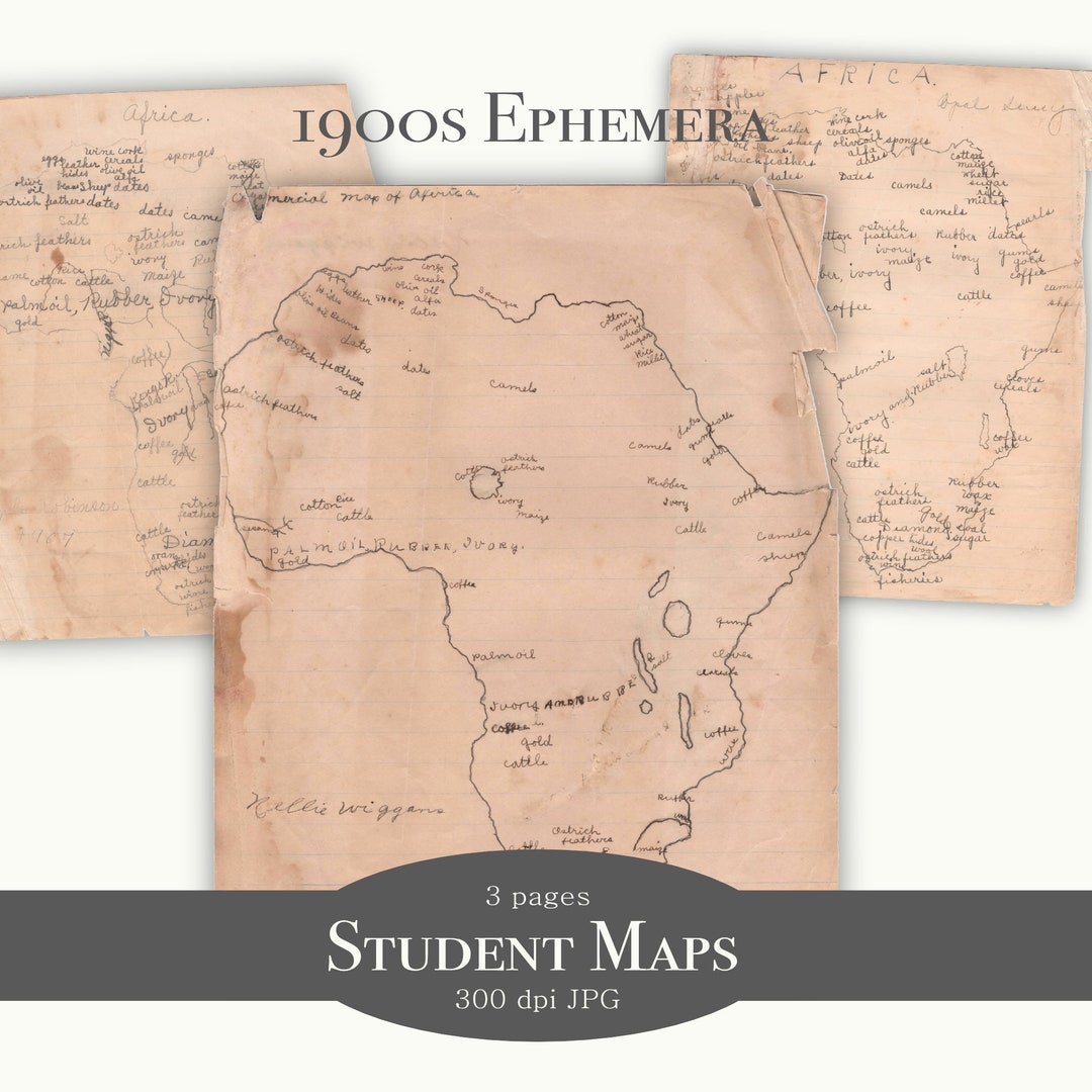 Digital Antique 1900s School Papers Handwritten Student Maps Ephemera ...