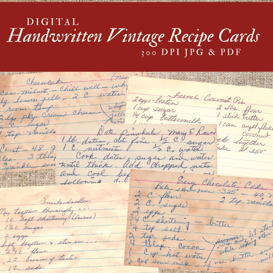 Vintage Handwritten Recipe Cards: Baking, Cooking (digital Download) - Etsy
