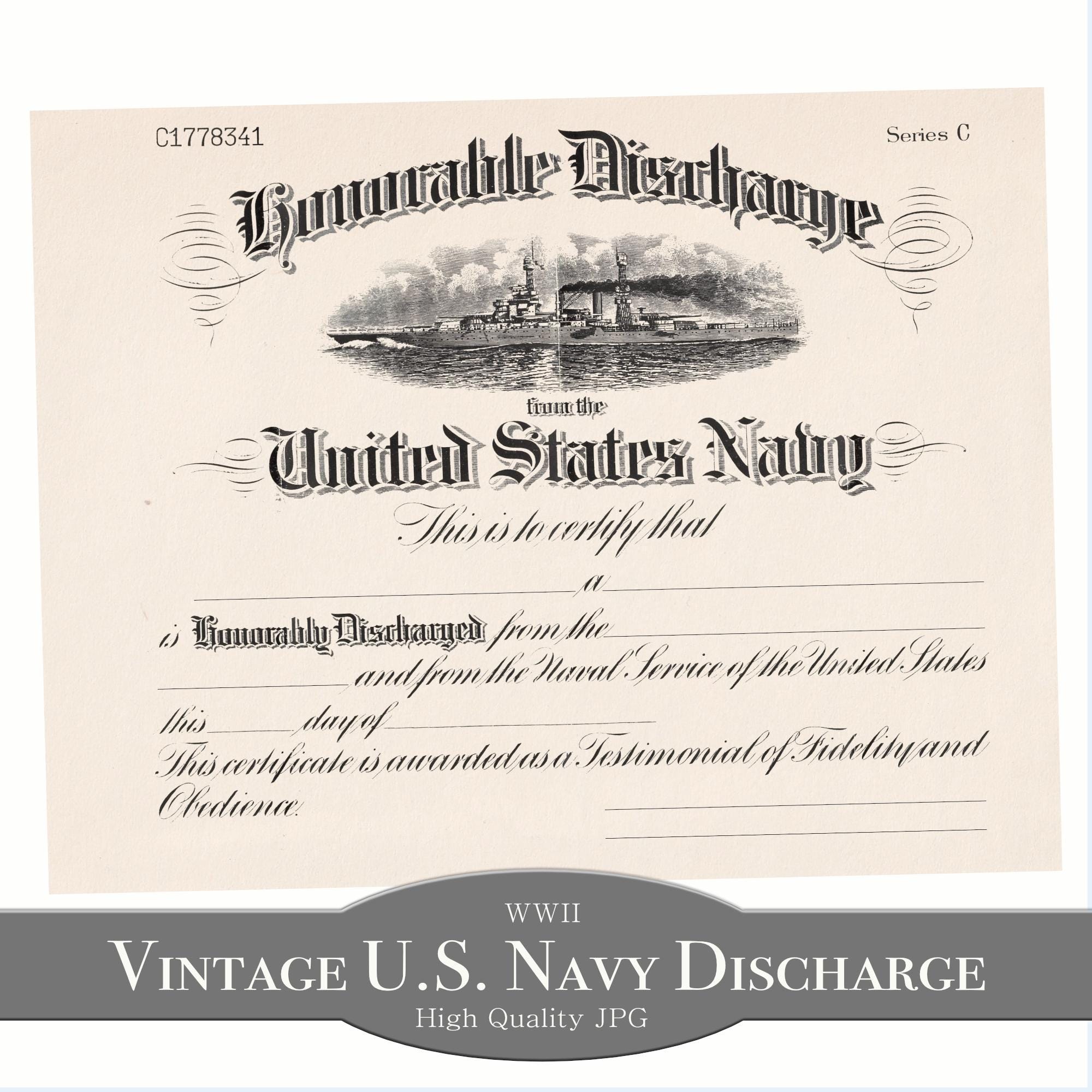 Vintage WW2 US Navy Discharge Certificate: Printable Military Ephemera ...