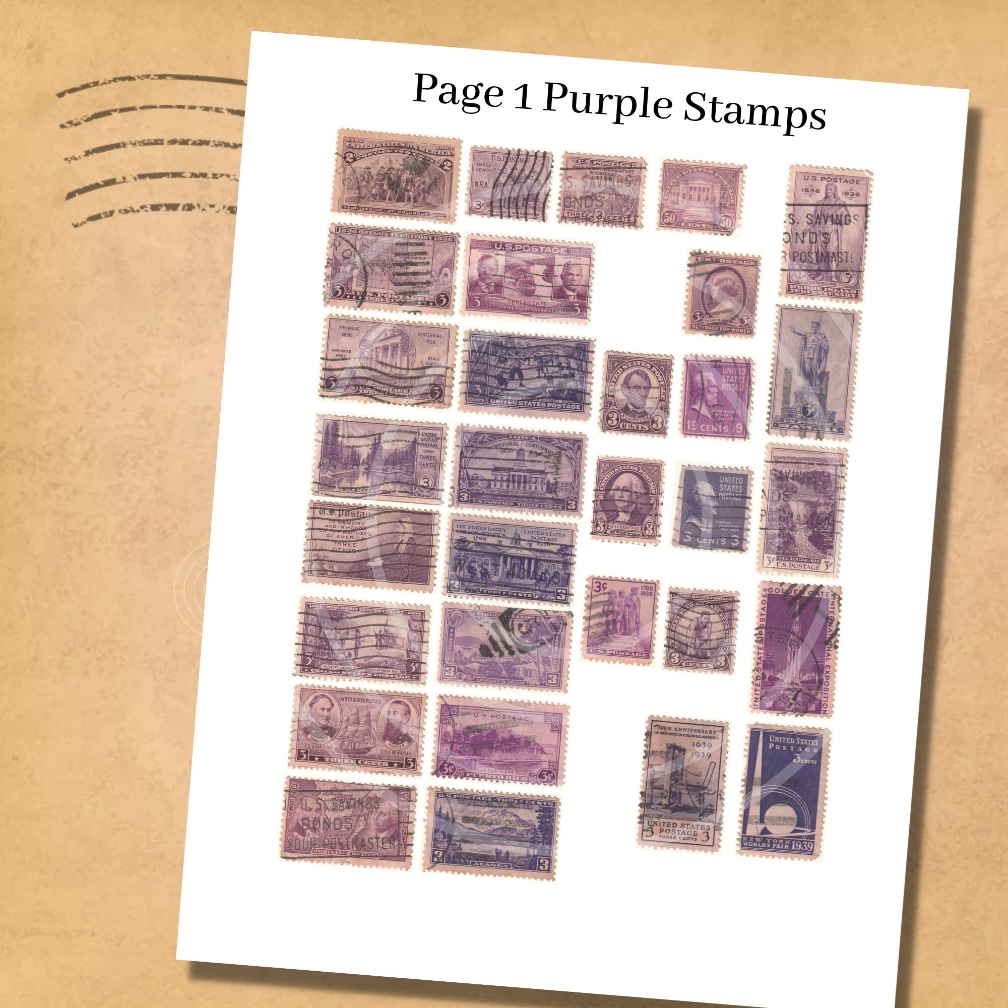 Purple Vintage Postage Stamps: Printable Ephemera Collage (digital ...