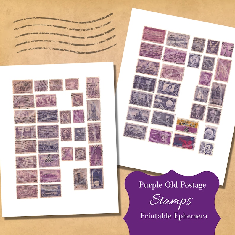 Purple Vintage Postage Stamps: Printable Ephemera Collage (digital ...