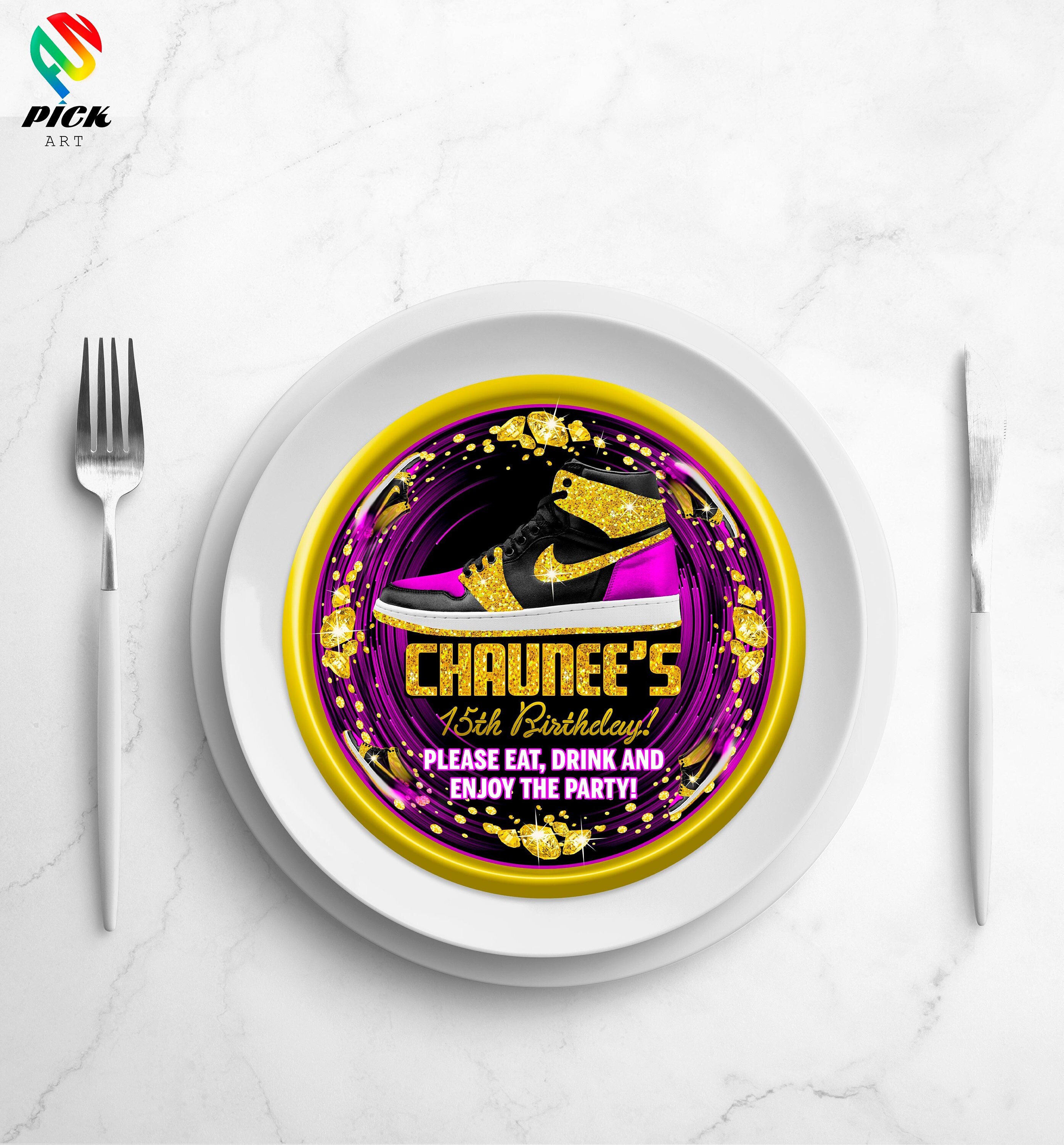 EDITABLE Sneaker Ball Charger Plate Inserts Purple and Gold Round Table ...