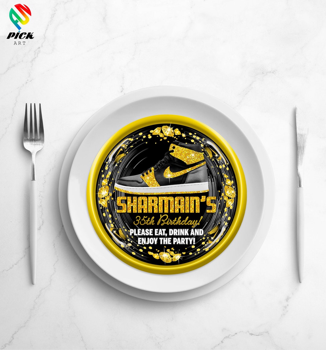 EDITABLE Sneaker Ball Charger Plate Inserts Black and Gold Round Table ...